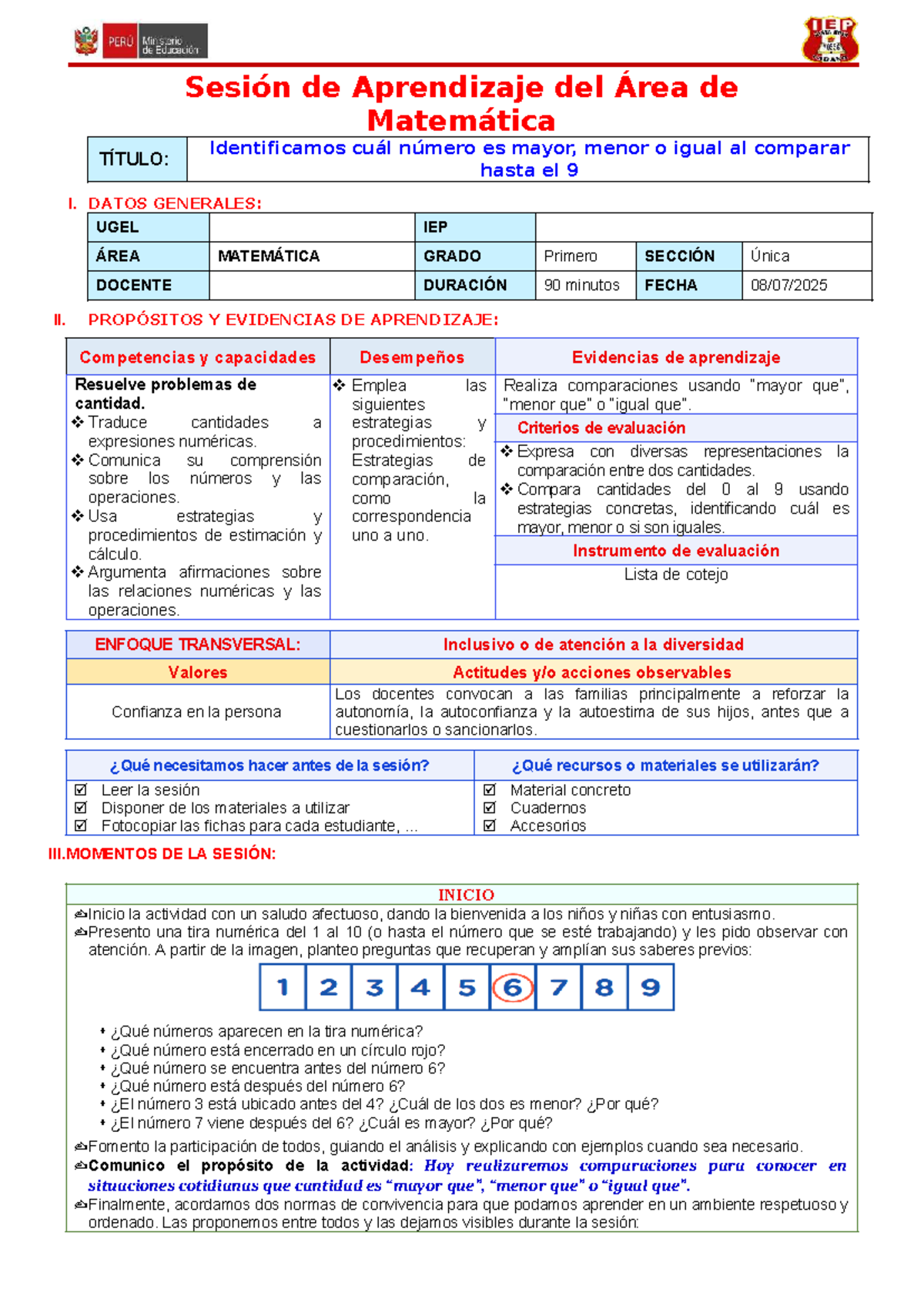 1°MAT SES Comparación de Números hasta el 9 - Sesión para Primer Grado ...