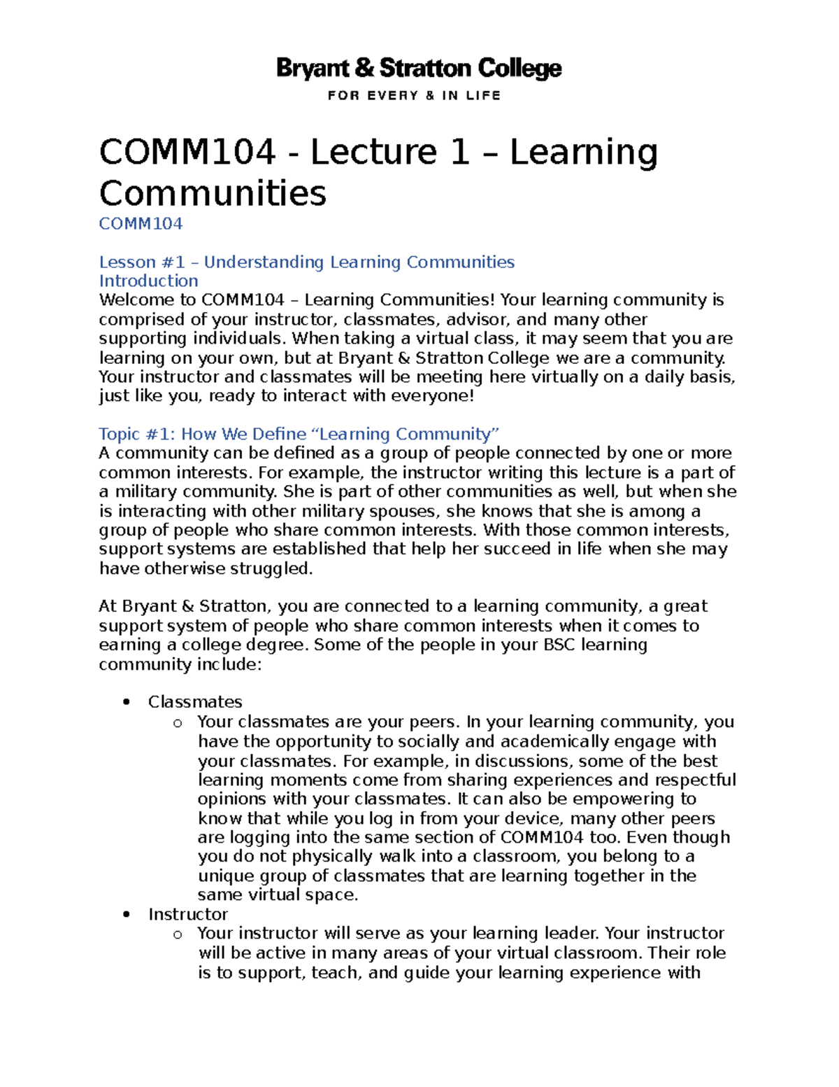 COMM104 Lecture 1: Exploring Learning Communities and Outcomes - Studocu