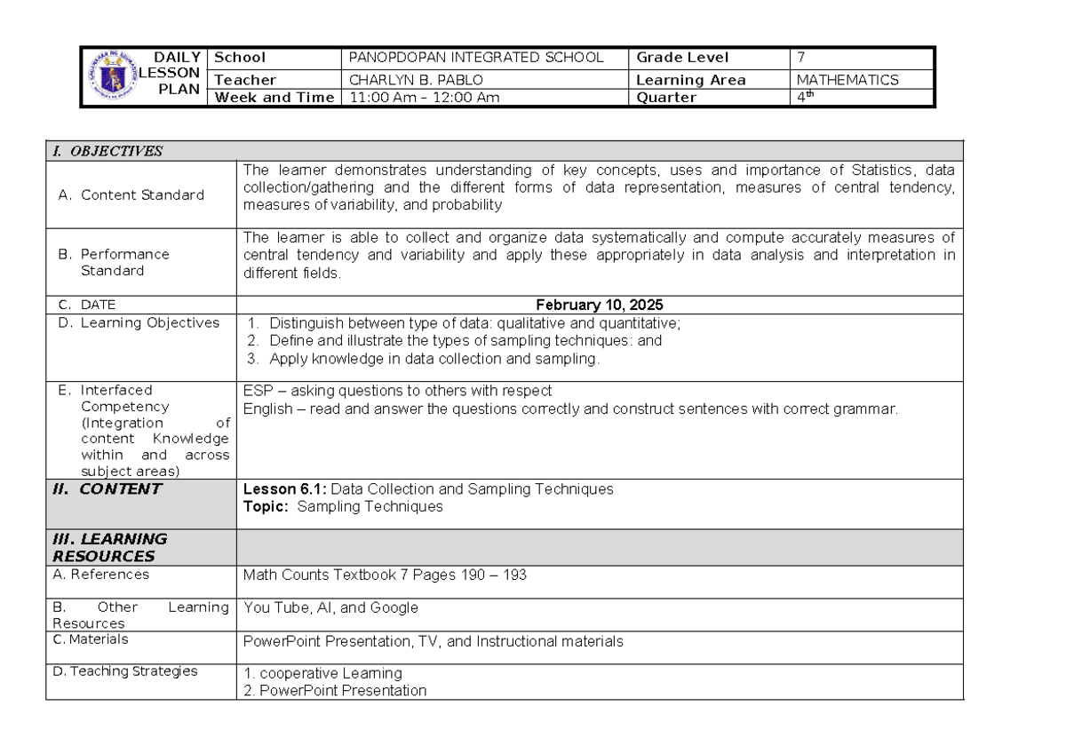DLP - Lesson on Data Collection and Sampling Techniques - Studocu
