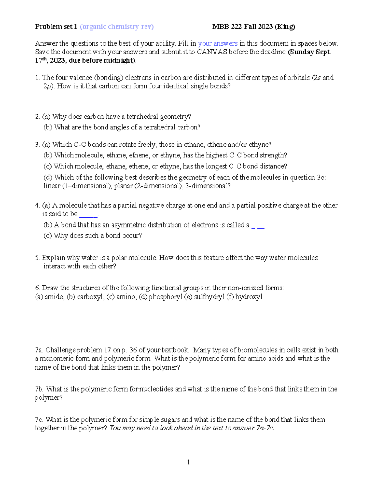 MBB 222 Problem Set 1: Organic Chemistry Review Fall 2023 - Studocu