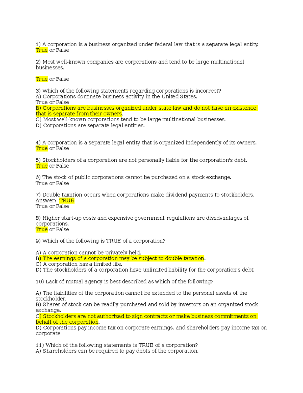Corporation Practice Questions with Answers for Review - Studocu