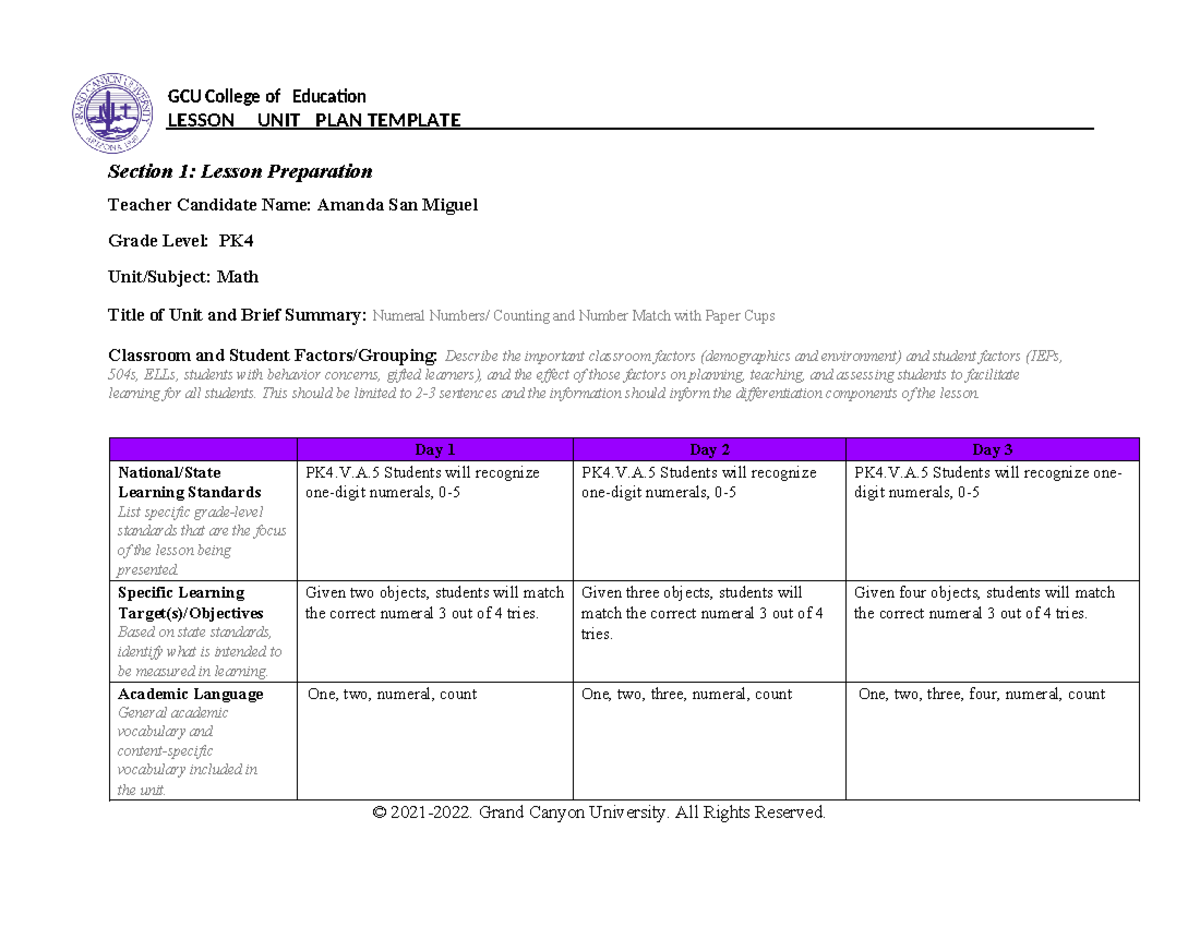 ECE-455-WK5-Math Learning Unit Plan for Pre-K Counting Skills - Studocu