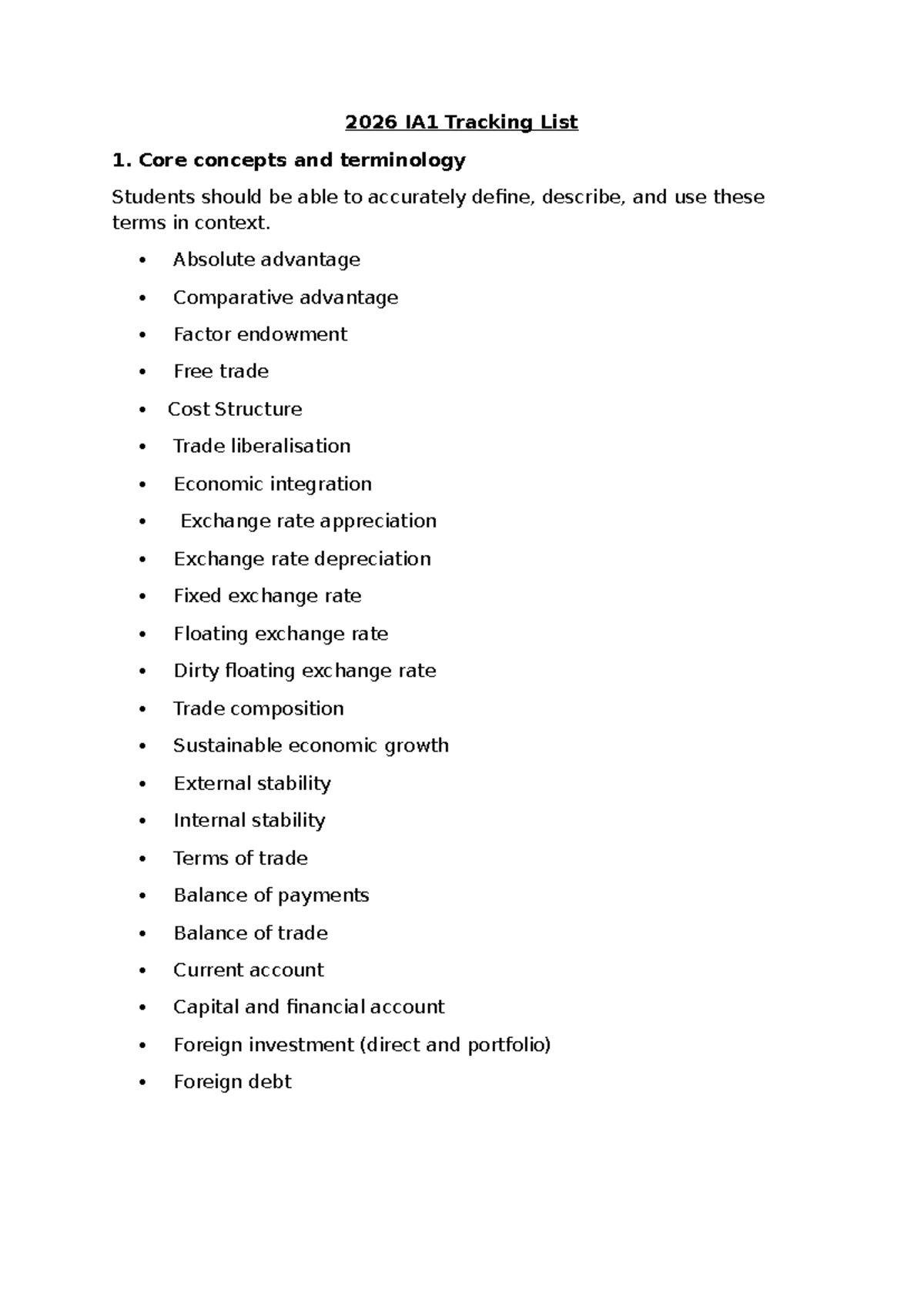 IA1 Revision Checklist: Key Concepts in International Economics - Studocu