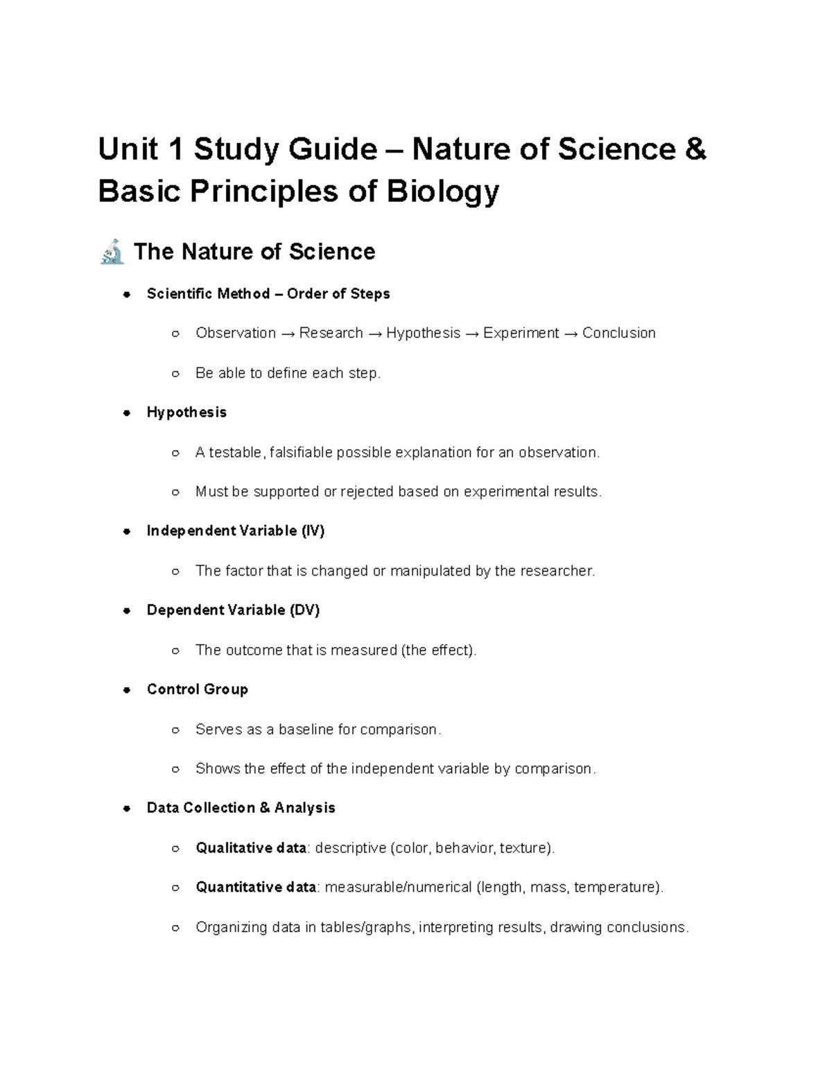 Unit 1 Study Guide: Nature of Science & Biology Principles - Studocu