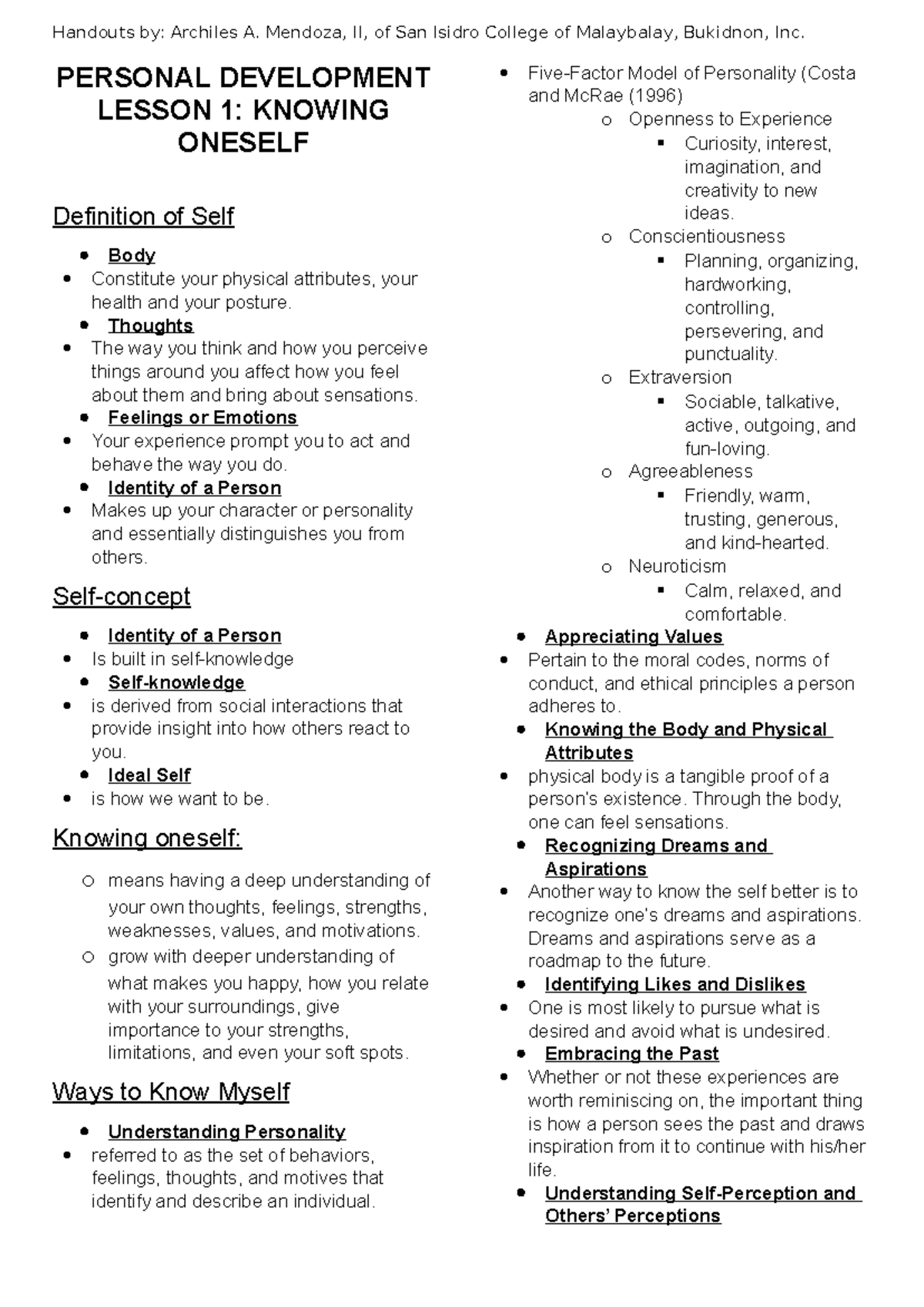 Personal Development Course: 1st Quarter Lesson Handouts - Studocu