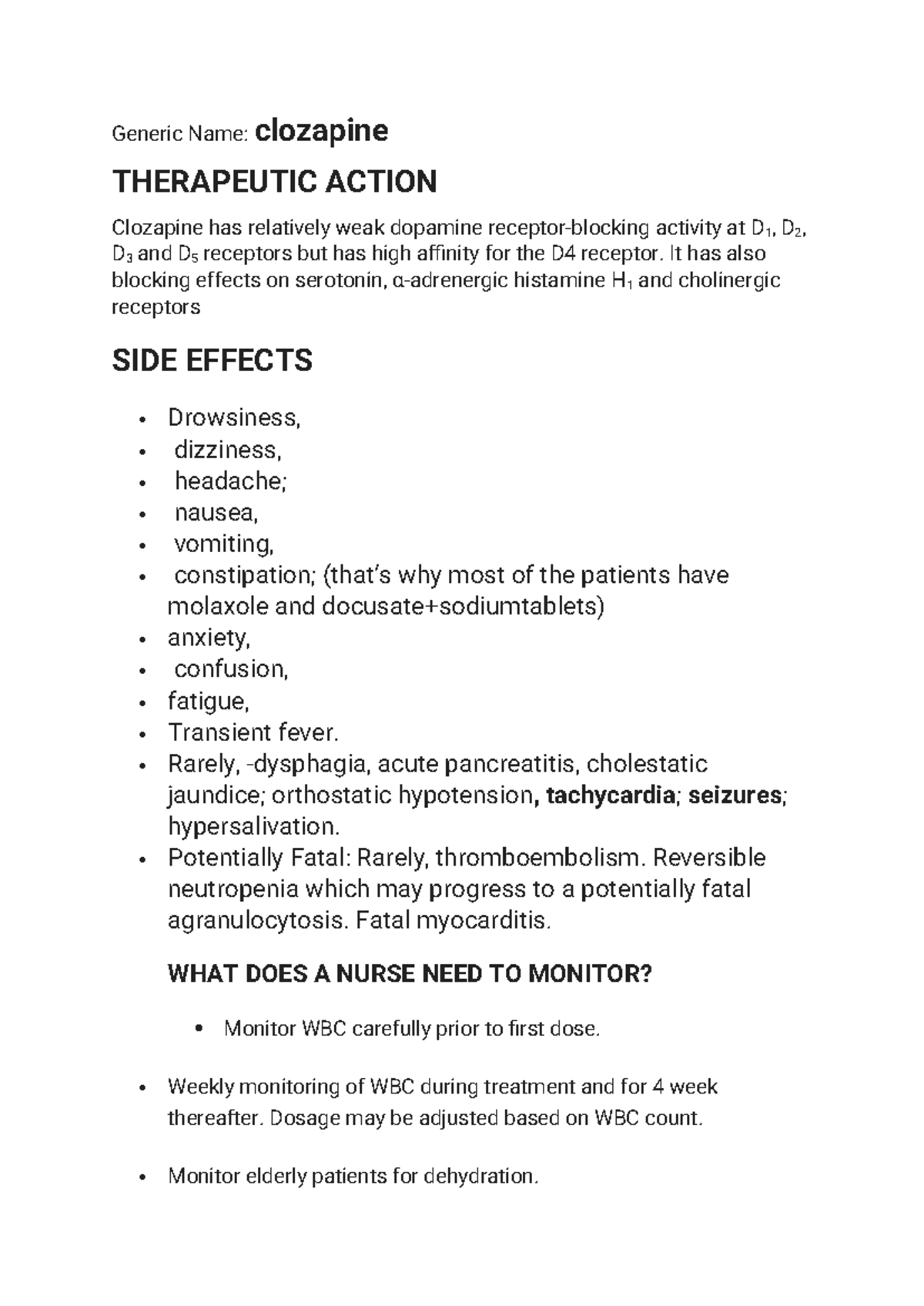 Clozapine Overview: Therapeutic Actions & Nursing Considerations - Studocu