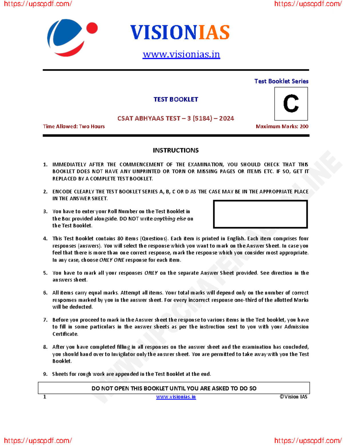 Vision IAS Prelims 2024 Abhyaas Test 3 CSAT Solutions - Studocu