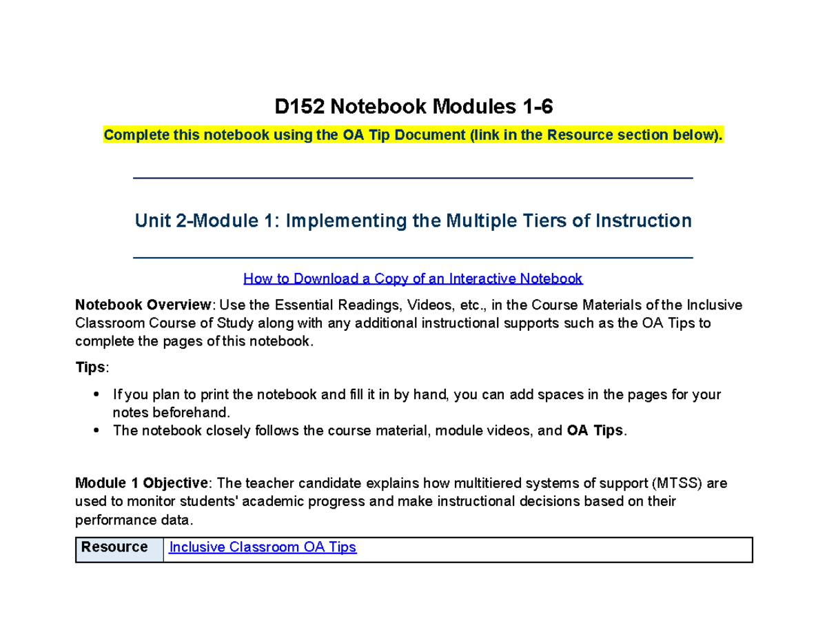 D152 notebook modules 1-6: Implementing multitiered systems of support - Studocu