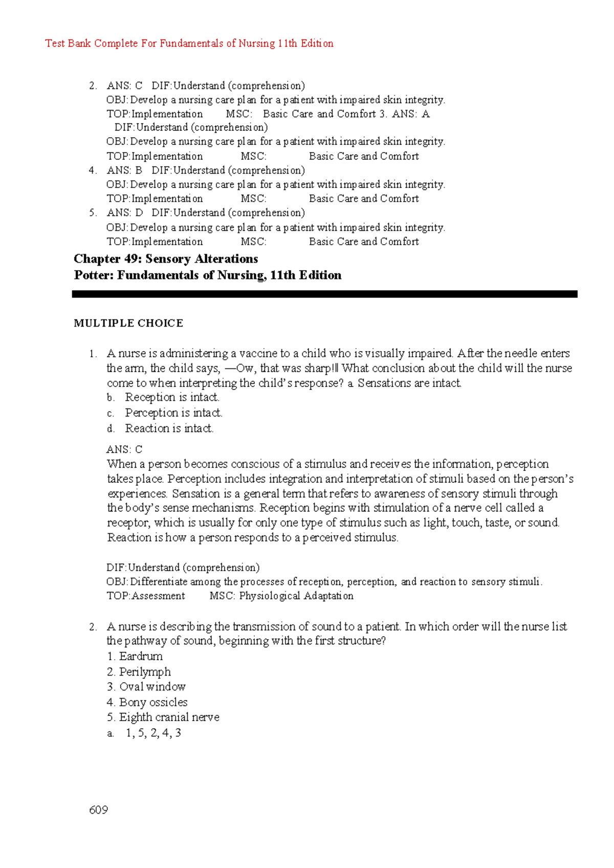 Test Bank for Fundamentals of Nursing 11th Edition: Sensory Alterations ...