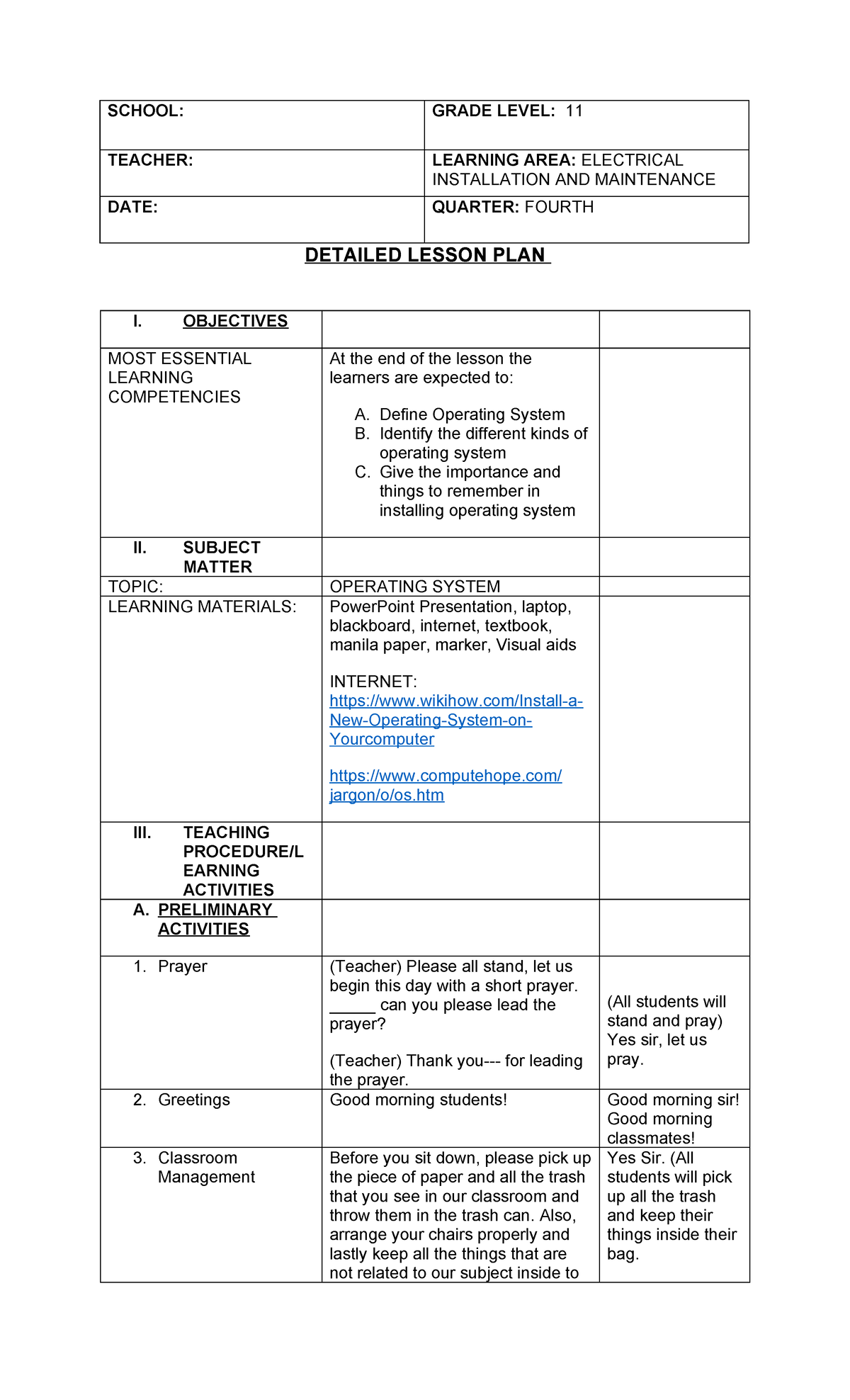 Detailed Lesson Plan on Operating Systems - TLE-ICT 11 - Studocu