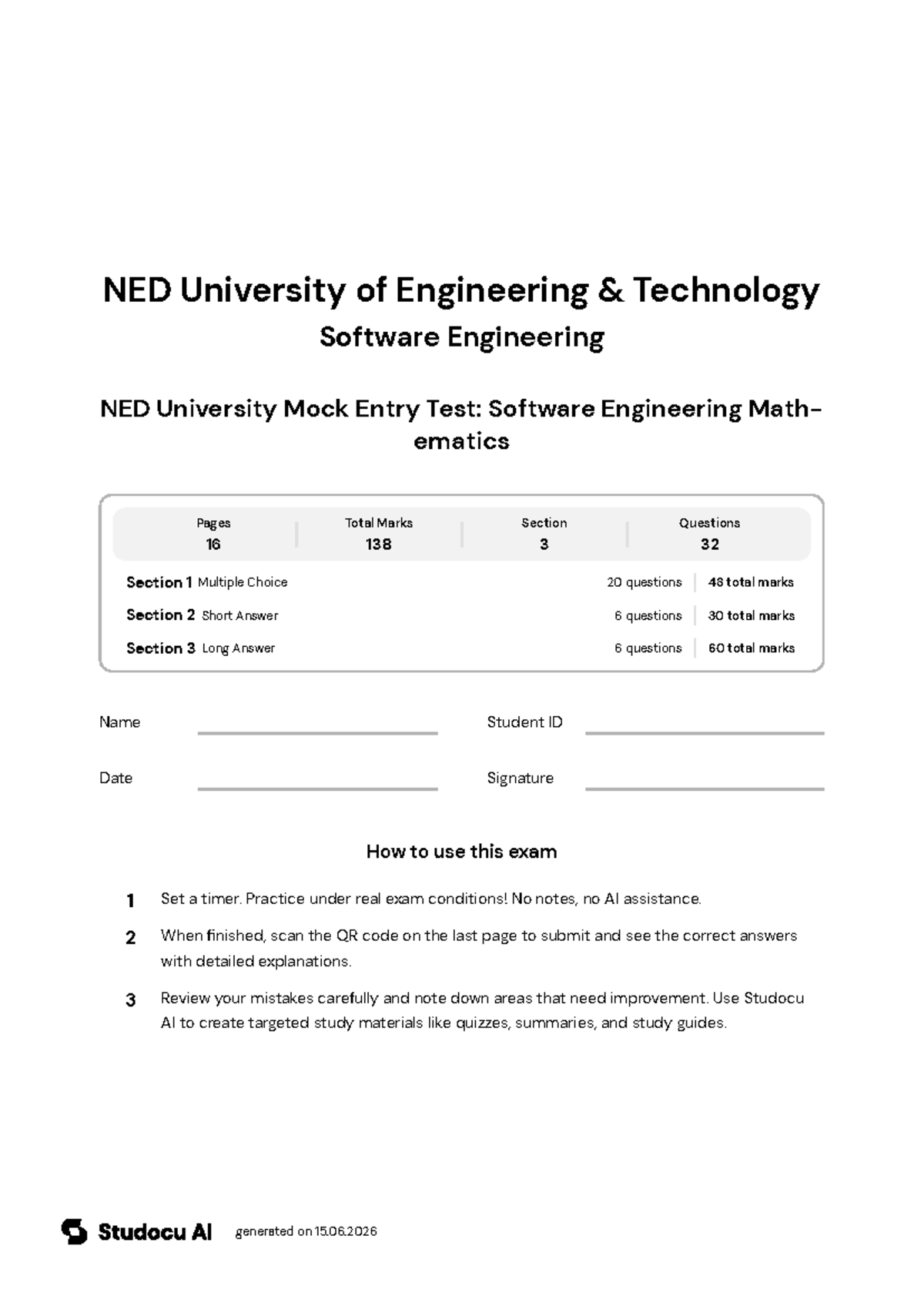 NED University Mock Entry Test: Software Engineering Mathematics - Studocu