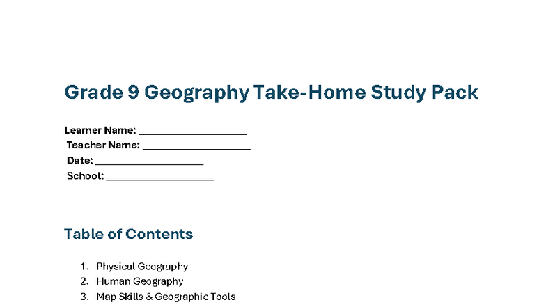 Grade 9 Geography Take Home Study Pack: Key Topics & Activities - Studocu