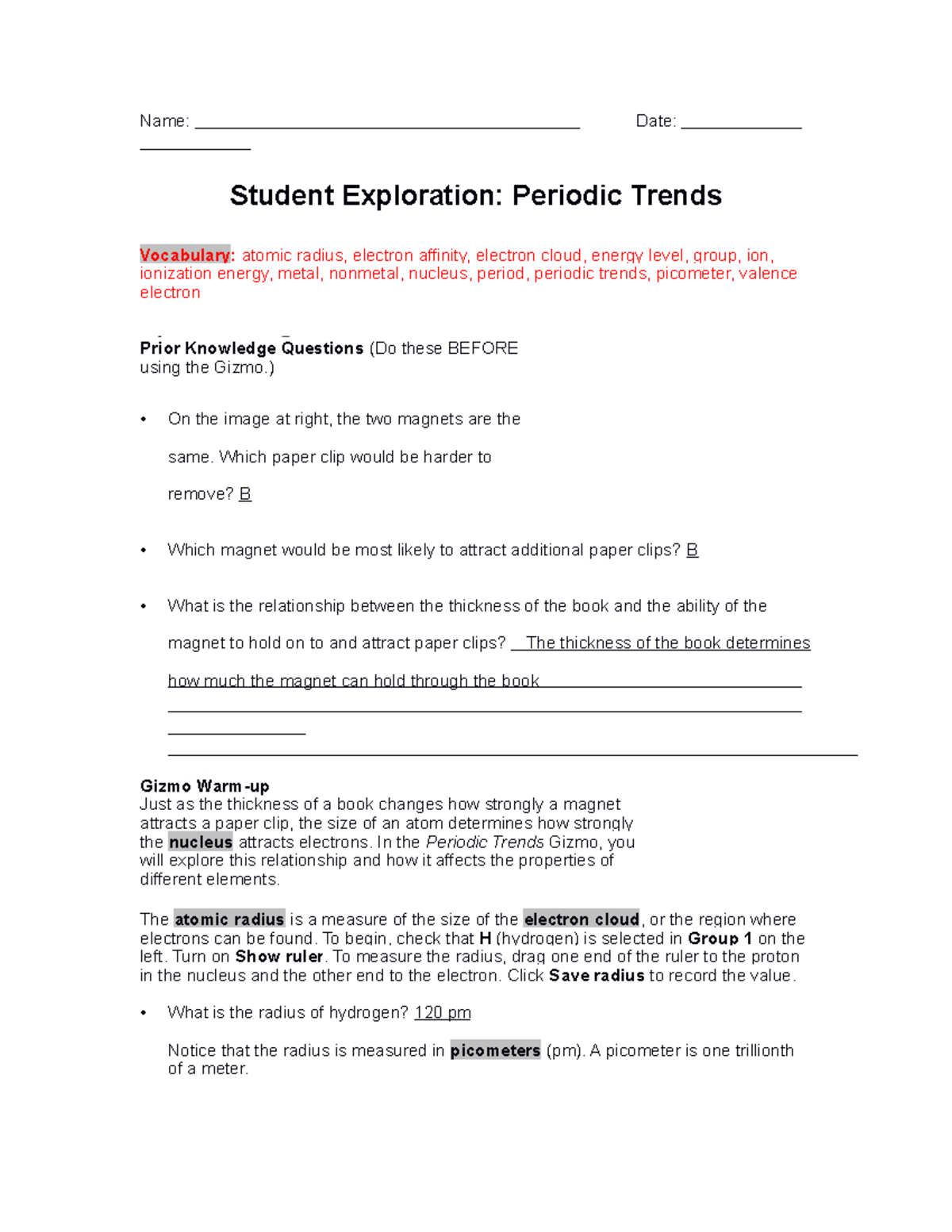 Periodic Trends Exploration in Chemistry Gizmo Activity - Studocu
