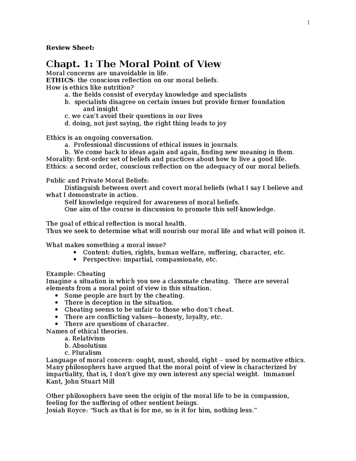 ETHICS 101: Review Sheet for Chapter 1 - The Moral Point of View - Studocu