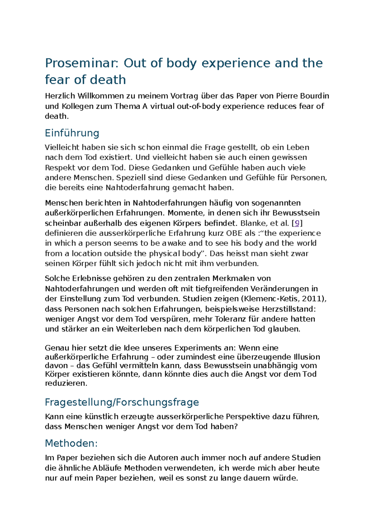 Proseminar: OBE und die Reduktion der Todesangst - Studocu