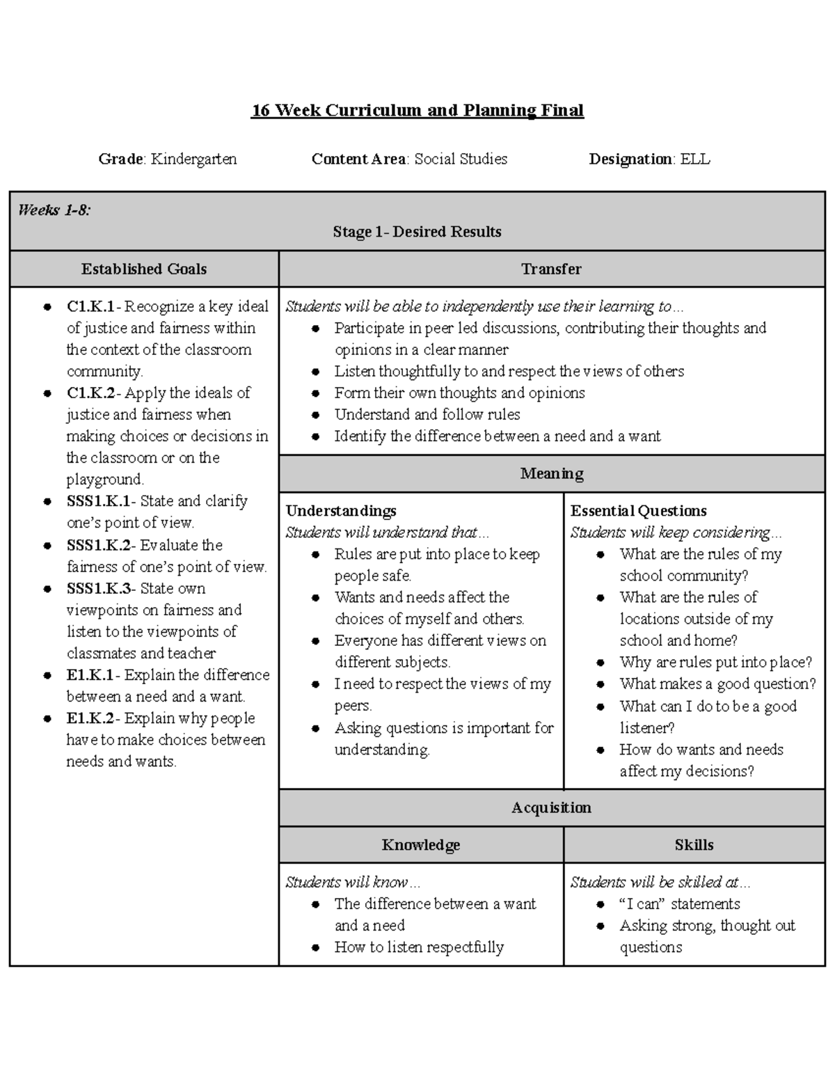16 Week Curriculum Plan: ELL Focus on Justice & Fairness - Studocu