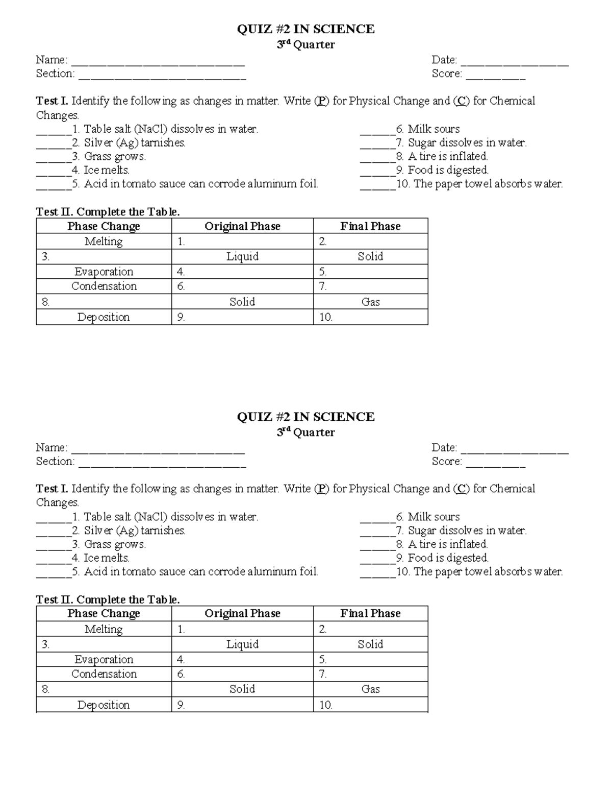 3rd Quarter Science Quiz: Changes in Matter and Phase Changes - Studocu