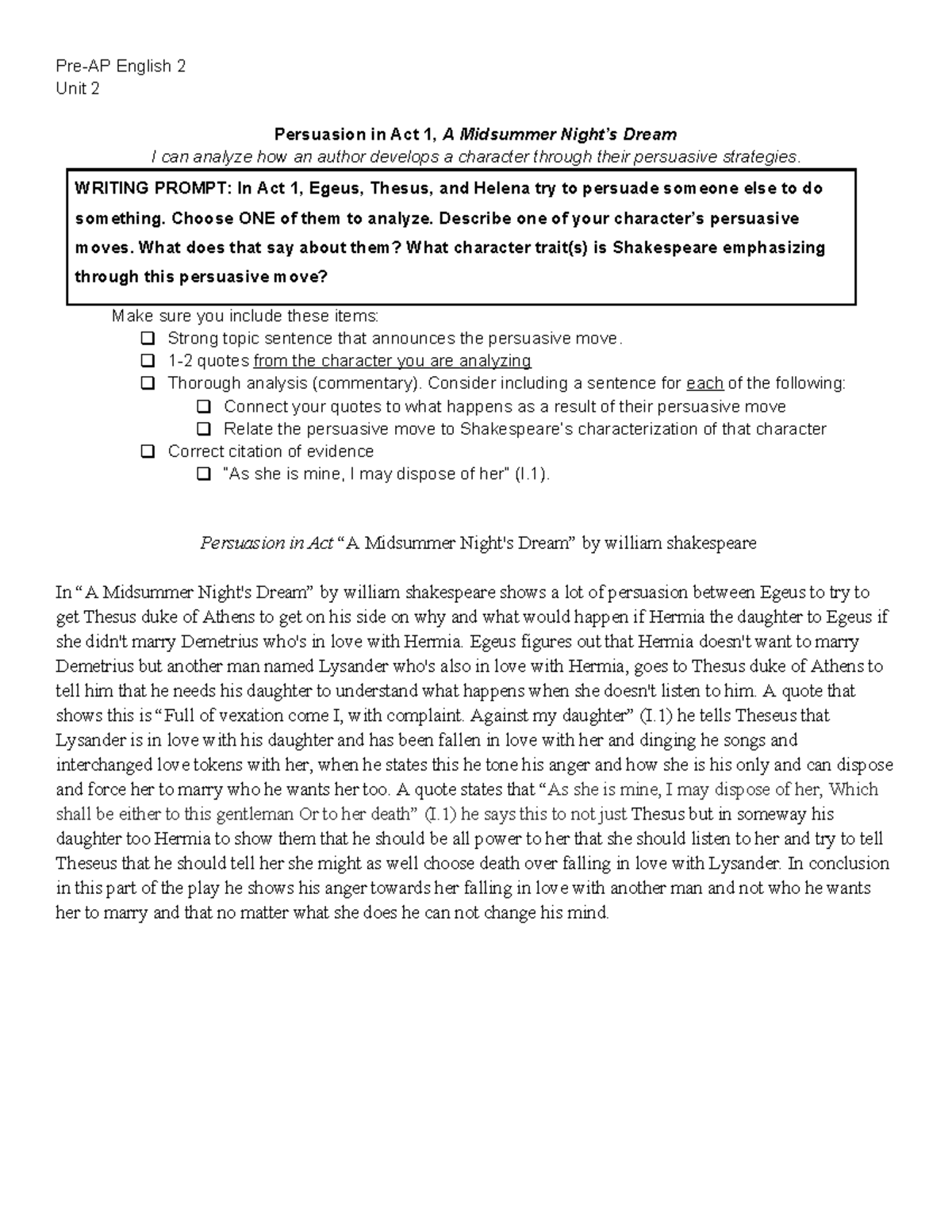 English 2 Unit 2: Analyzing Persuasion in Act 1 of A Midsummer Night's ...