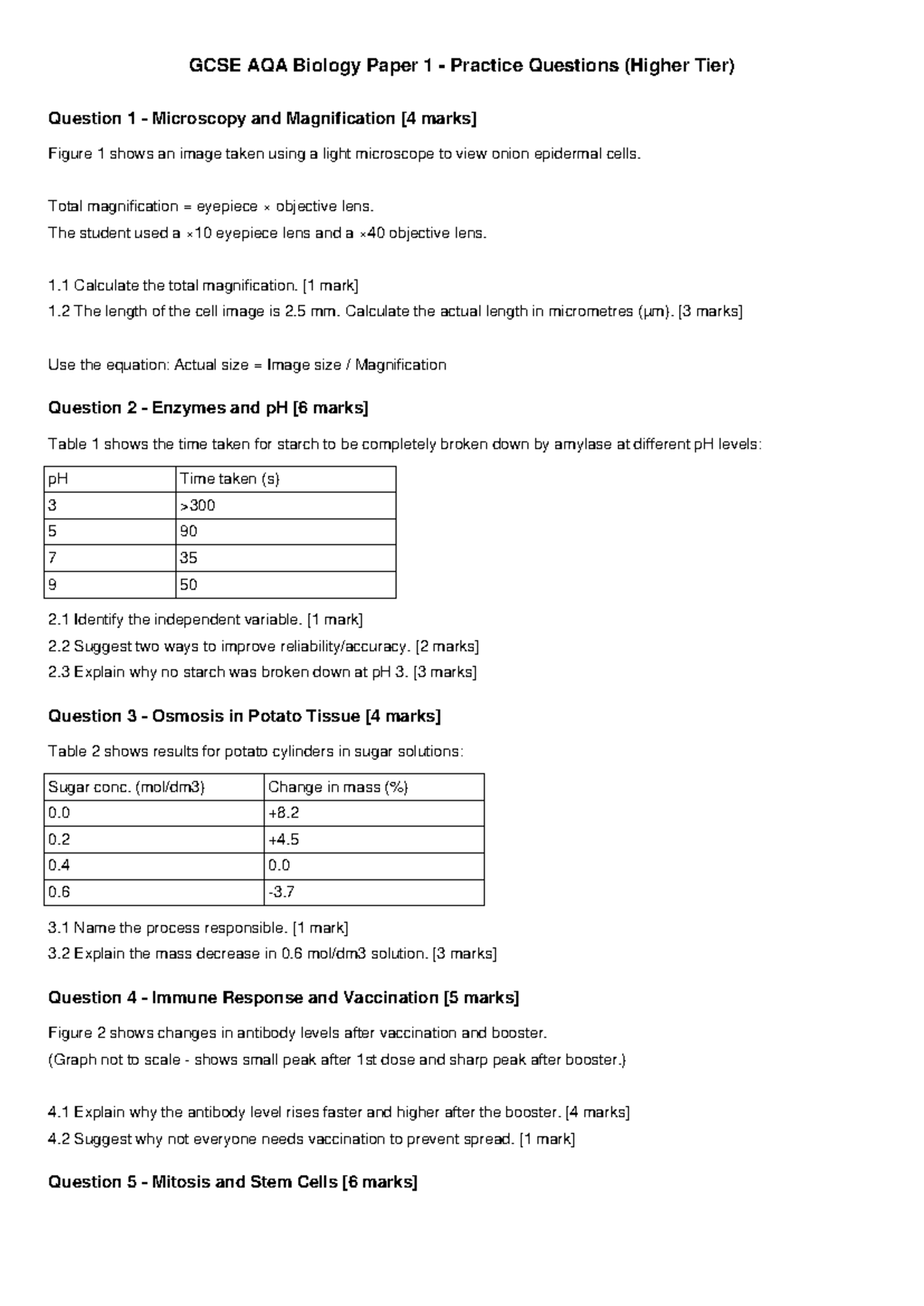 GCSE AQA Biology Paper 1 Practice Questions - Higher Tier Set 1 - Studocu