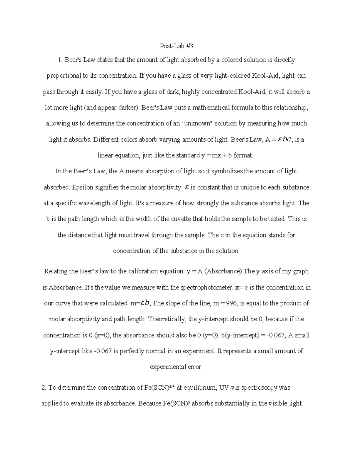 Post-Lab #3: Spectrophotometric Analysis of Fe(SCN)² Concentration ...