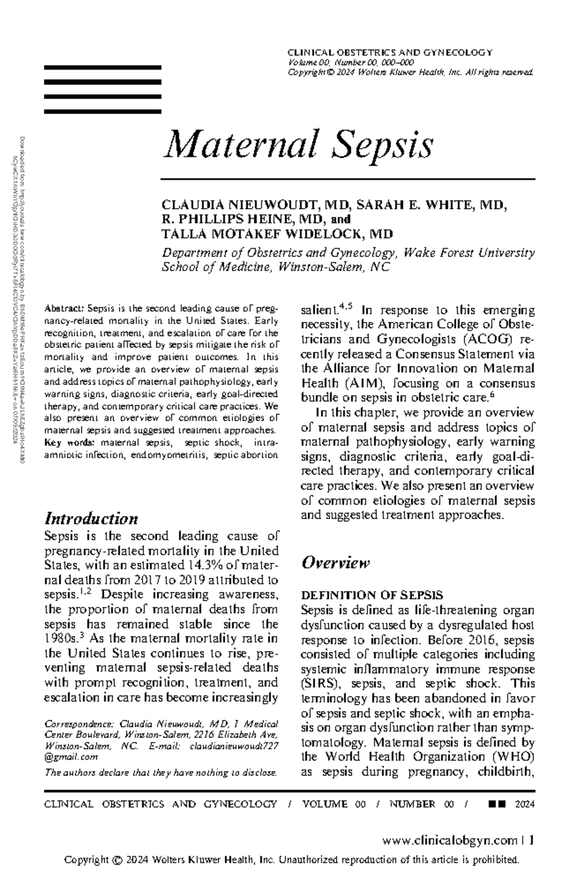 Maternal Sepsis Overview: Diagnosis and Management in Obstetrics - Studocu