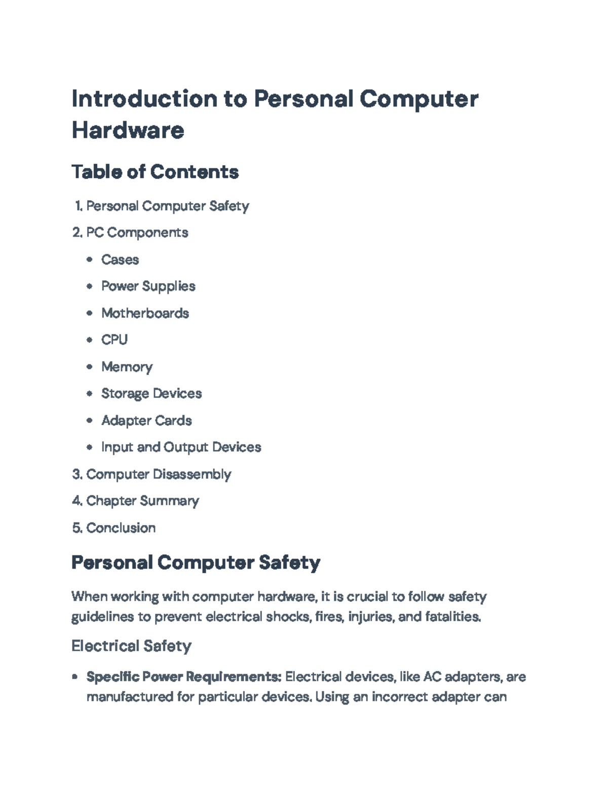 Comprehensive Guide to Personal Computer Hardware Safety and Components ...