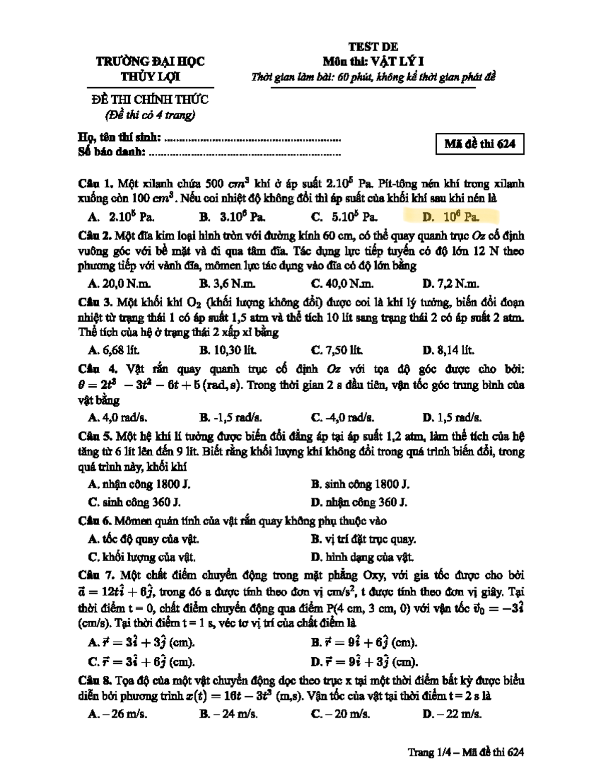 Test De Vat ly 1 HK1 24 25 - De vat ly - TEST DE TRUONG DAI HQC Mon thi ...
