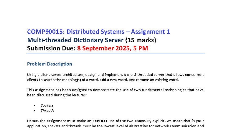 COMP90015: Distributed Systems Assignment 1 - Dictionary Server ...