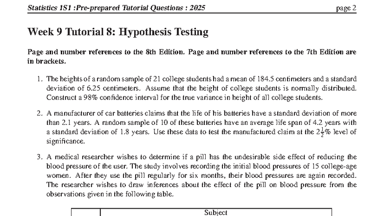 Statistics 1S1 Week 9 Tutorial 8: Hypothesis Testing Questions - Studocu