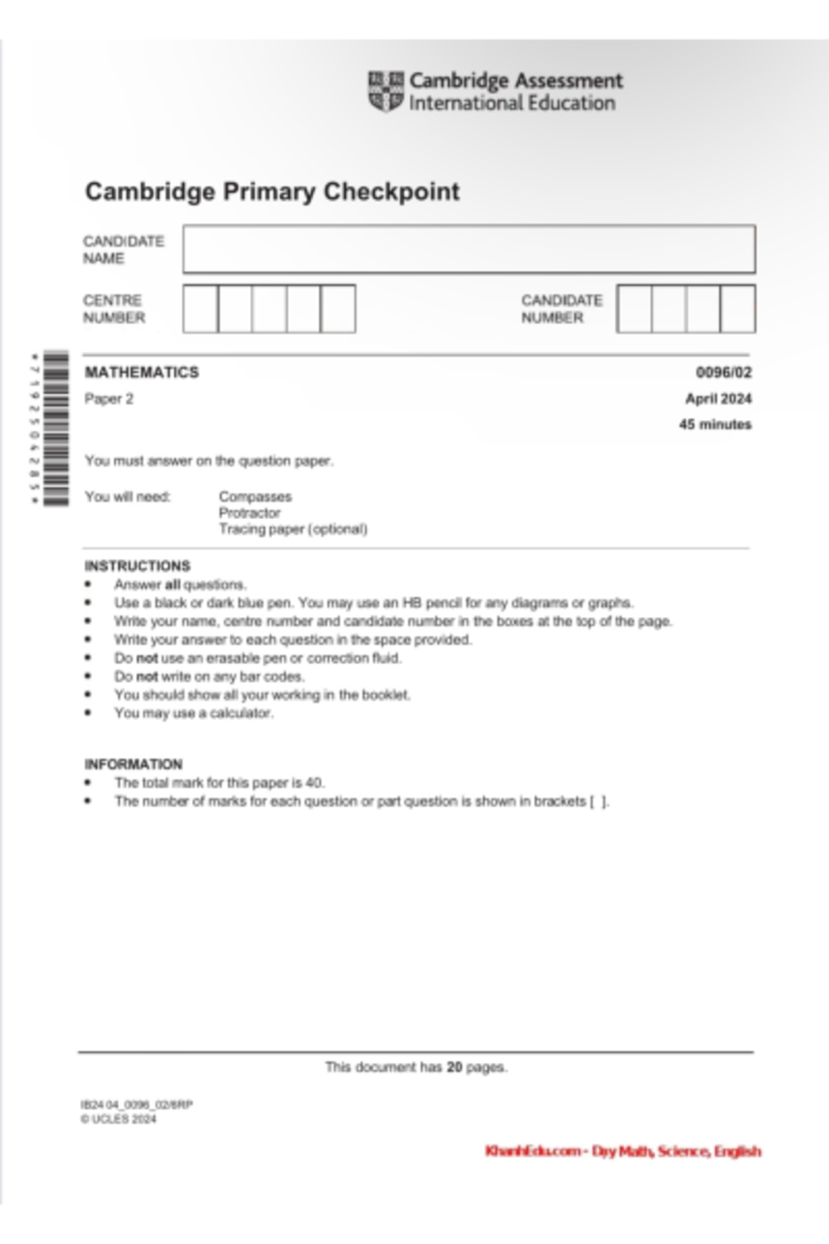 Mathematics Primary Checkpoint Paper 2 - April 2024 Exam - Studocu