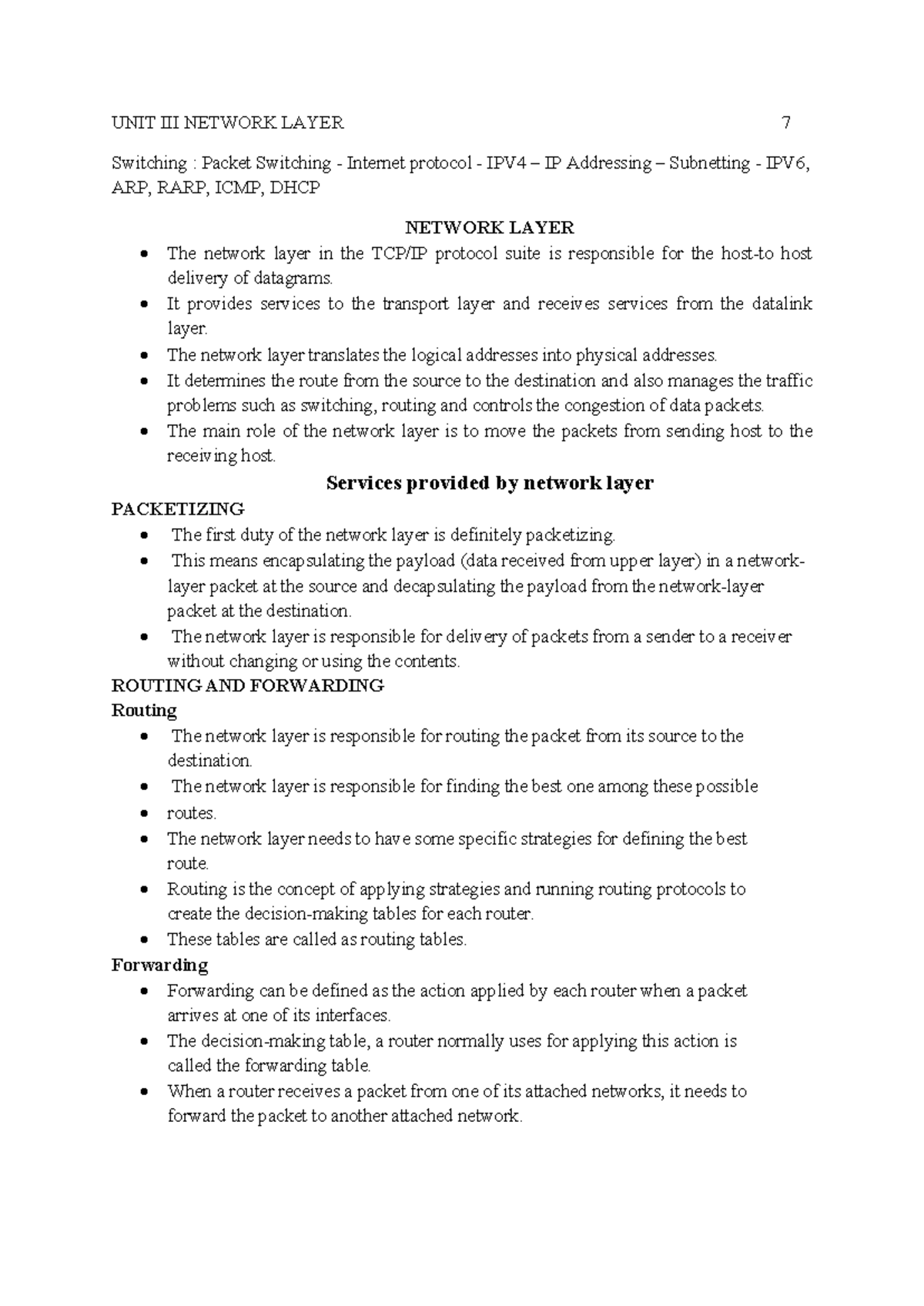 Cs3591 Network Layer Overview: Packet Switching & IP Addressing - Studocu
