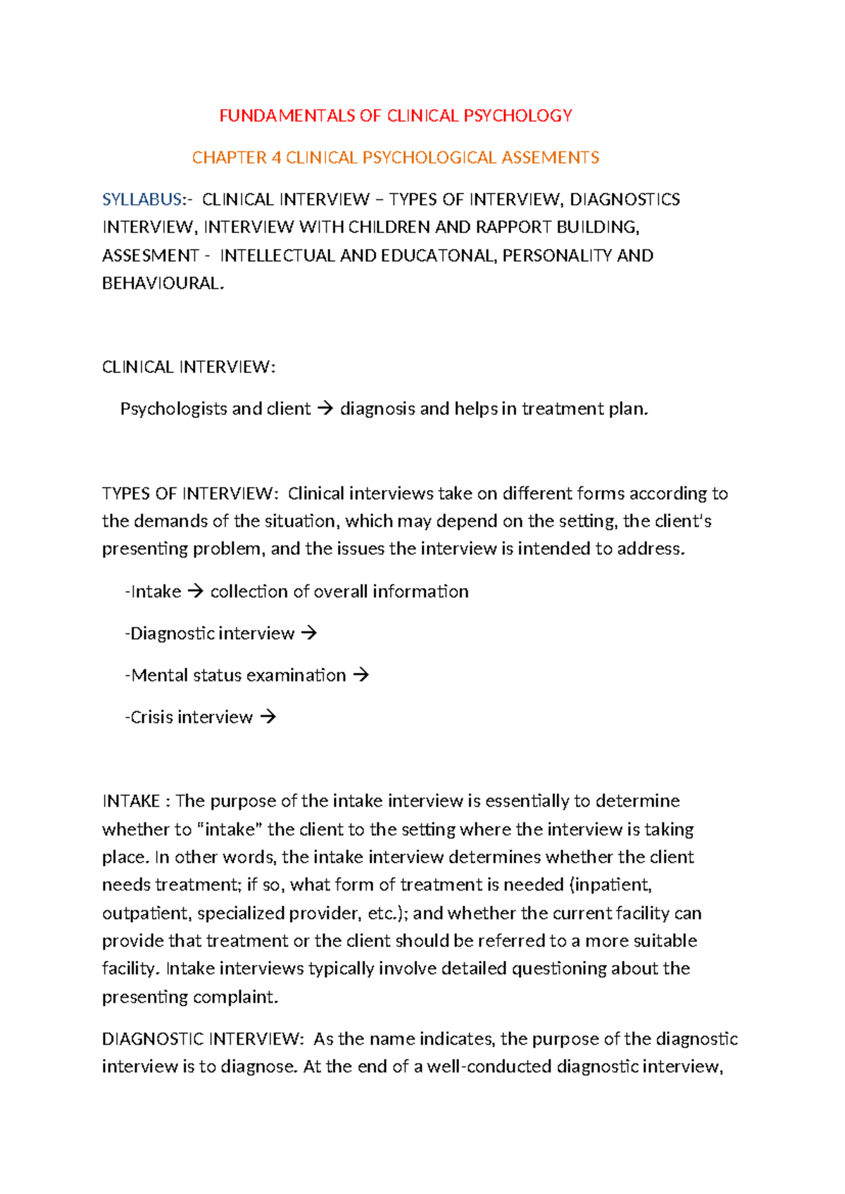 FUNDAMENTALS OF CLINICAL PSYCHOLOGY CHAPTER 4: CLINICAL INTERVIEW TYPES ...