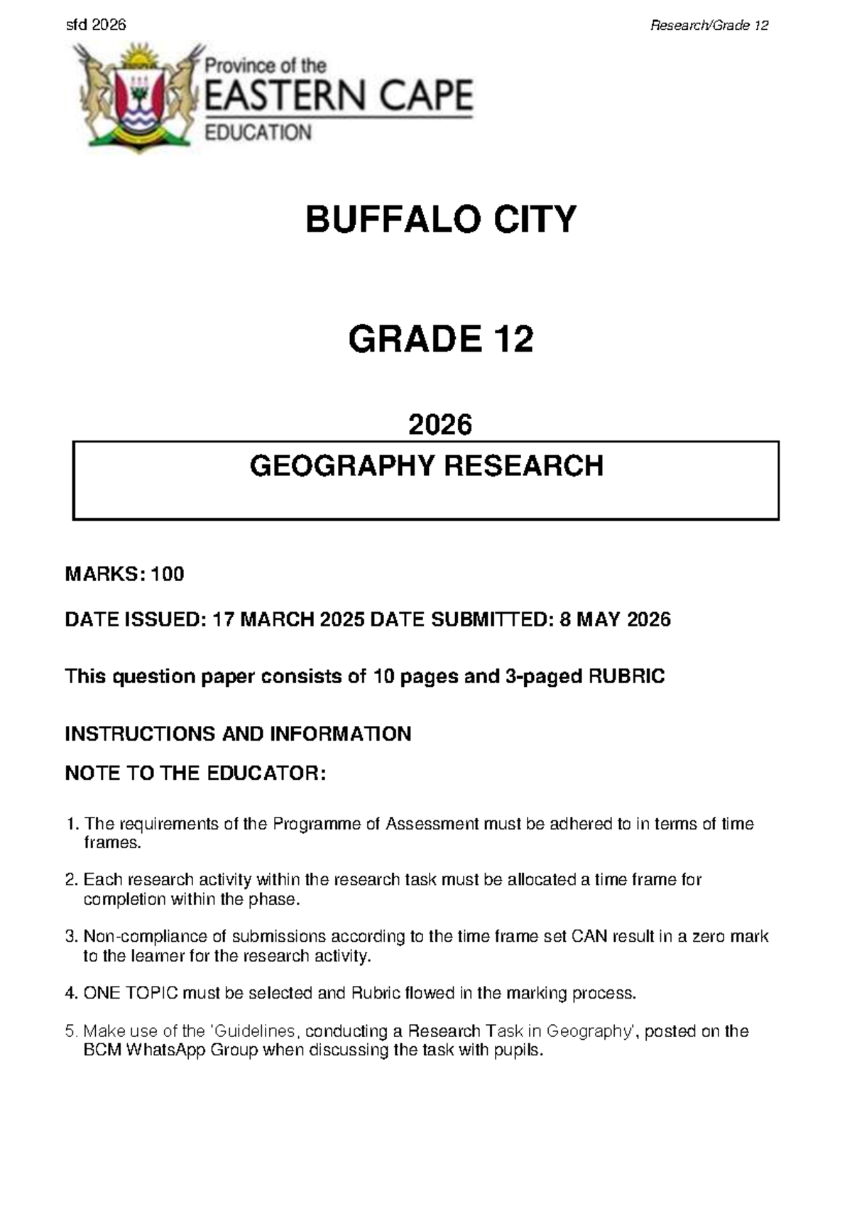 2026 Grade 12 Geography Research Project Guidelines and Rubric - Studocu