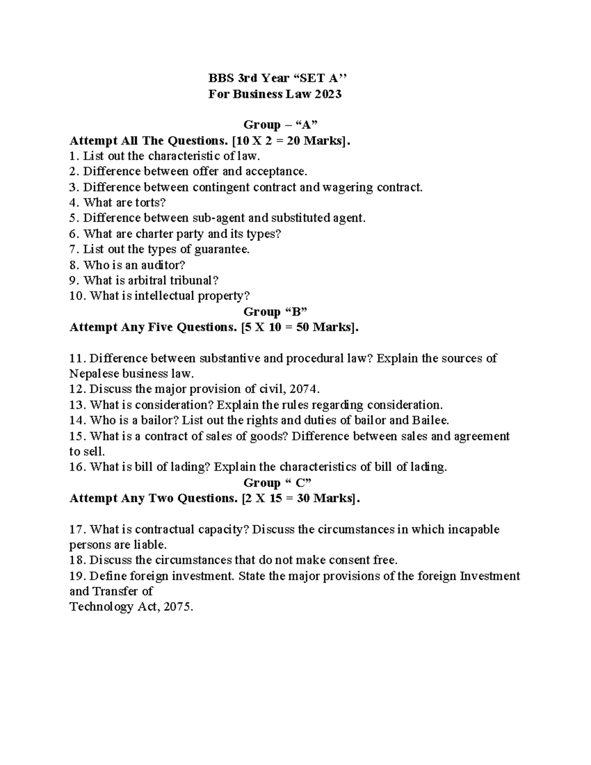 BBS 3rd Year Business Law Model Questions for 2023 Exams - Studocu