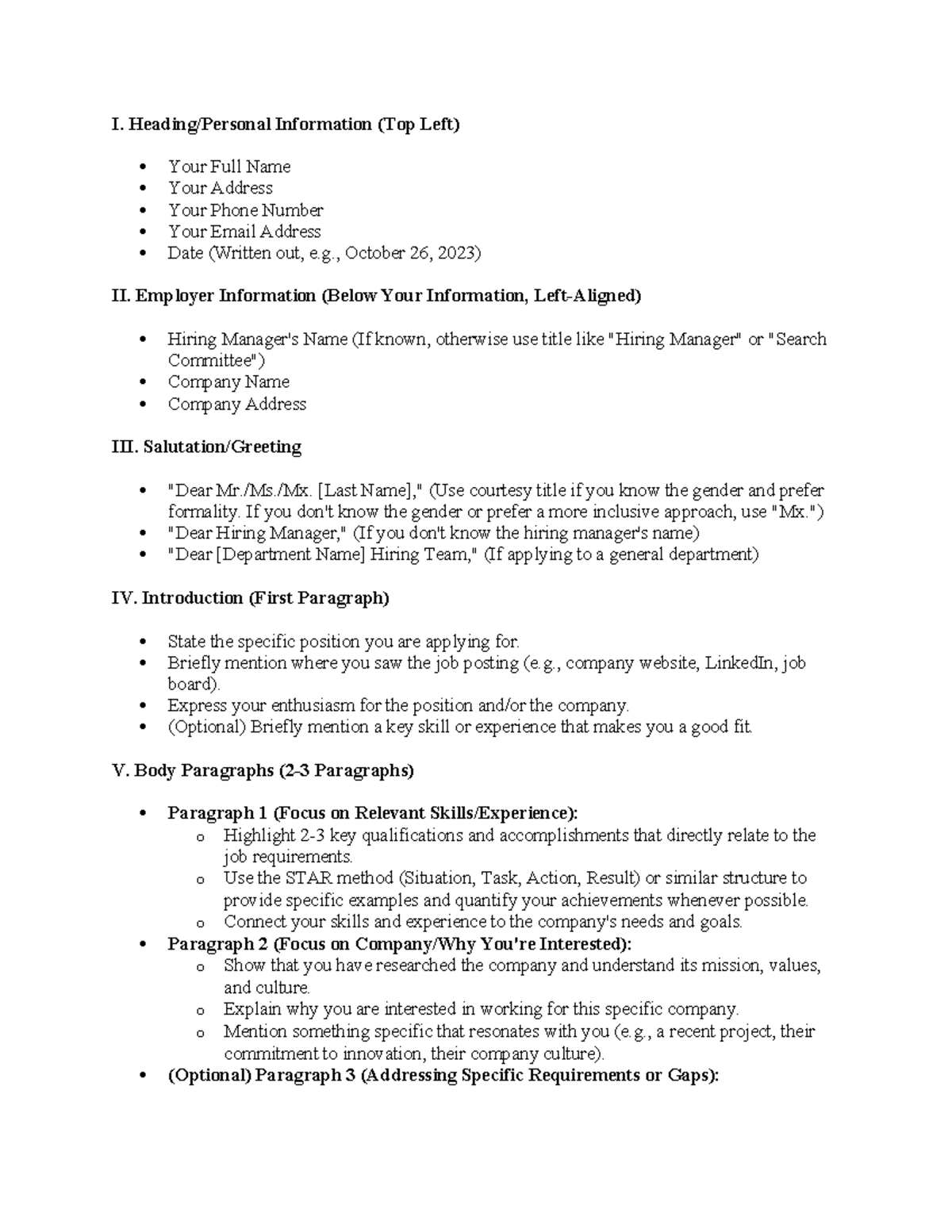 Application letter outline - I. Heading/Personal Information (Top Left ...