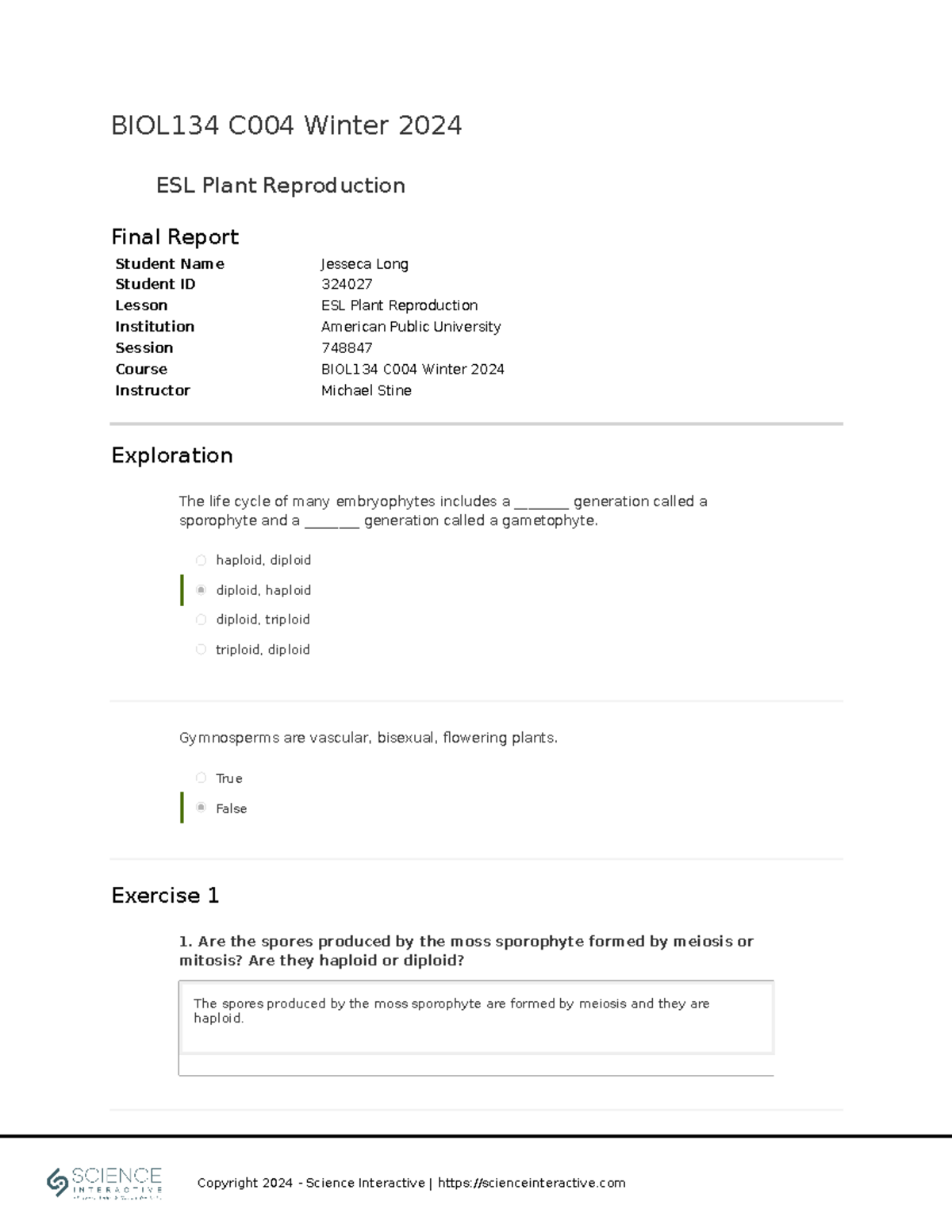 BIOL134 C004 Winter 2024 Final Report on Plant Reproduction Lab - Studocu