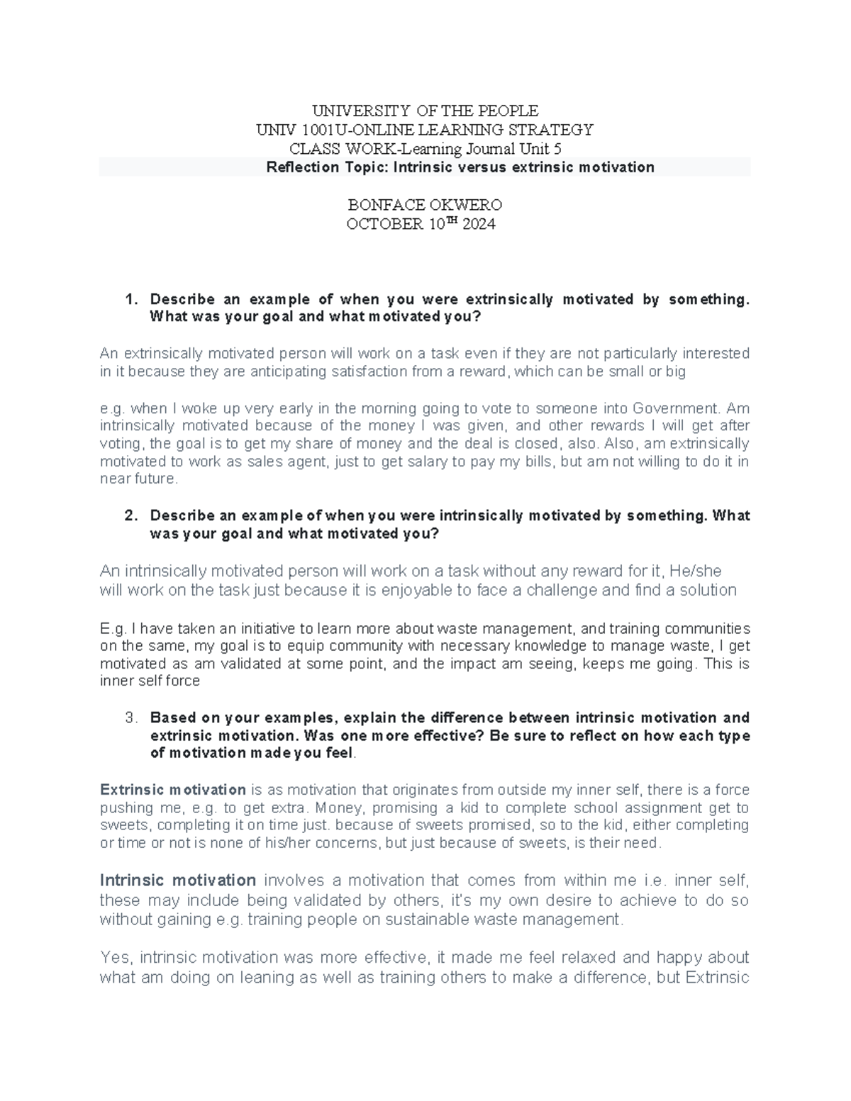 Bonface learning reflection work - UNIVERSITY OF THE PEOPLE UNIV 1001U ...