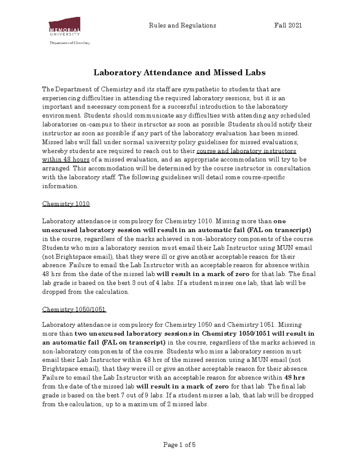 Chemistry Lab Rules & Attendance Policies for 1010/1050 F2021 - Studocu