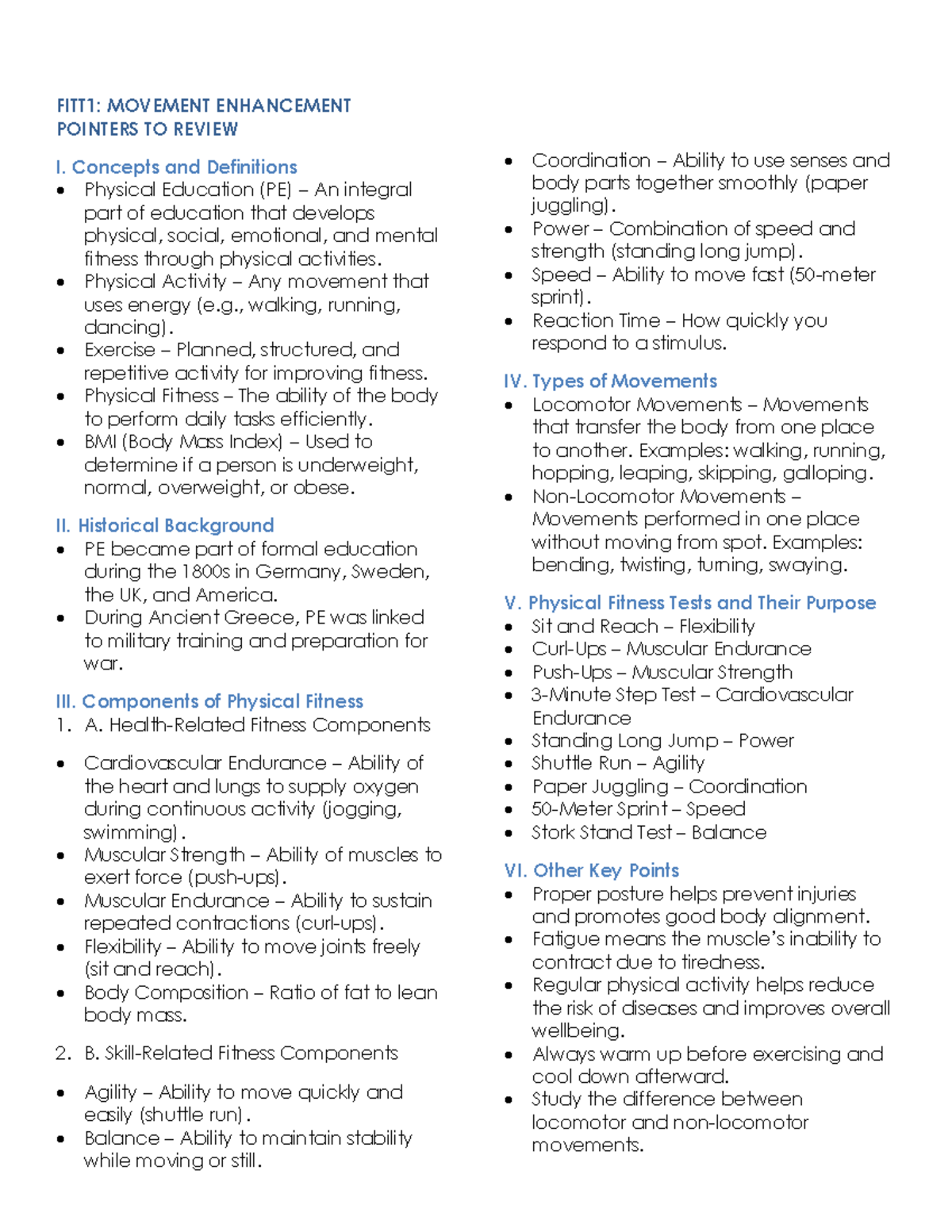 FITT1: Movement Enhancement Review - Key Concepts & Definitions - Studocu