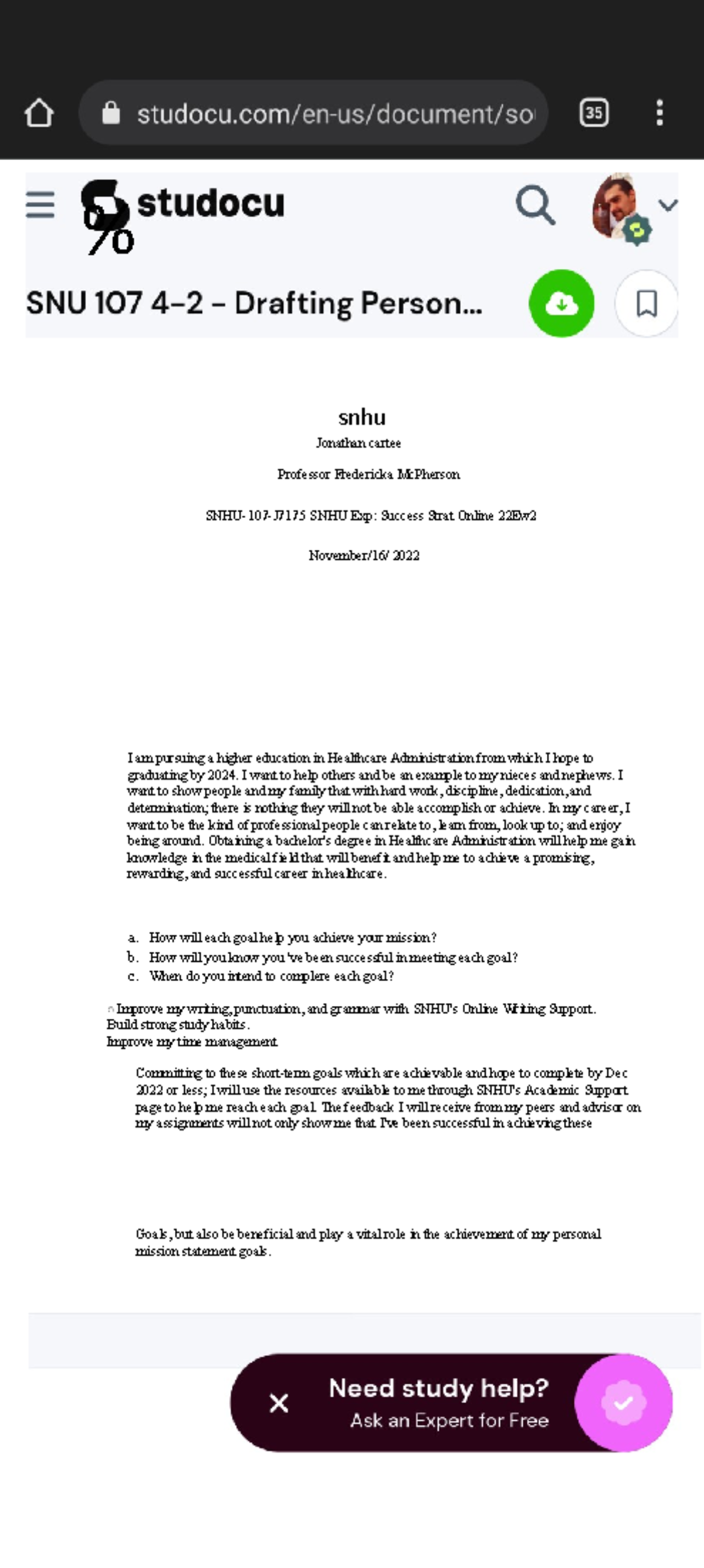 Screenshot 20221116-2003 31 - snhu Jonathan cartee Professor Fredericka McPherson SNHU-107-J7175 ...