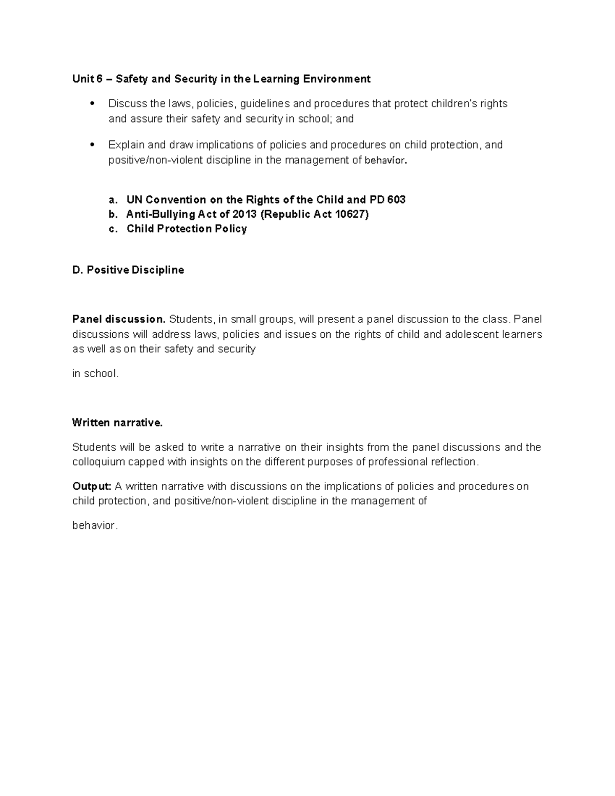 Unit 6 - Summary of Safety & Security in Child Learning Environments ...