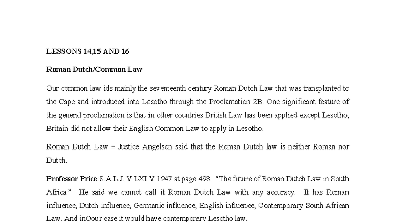 Introduction to Law L1301: Lessons 14, 15, and 16 on Roman Dutch Law ...