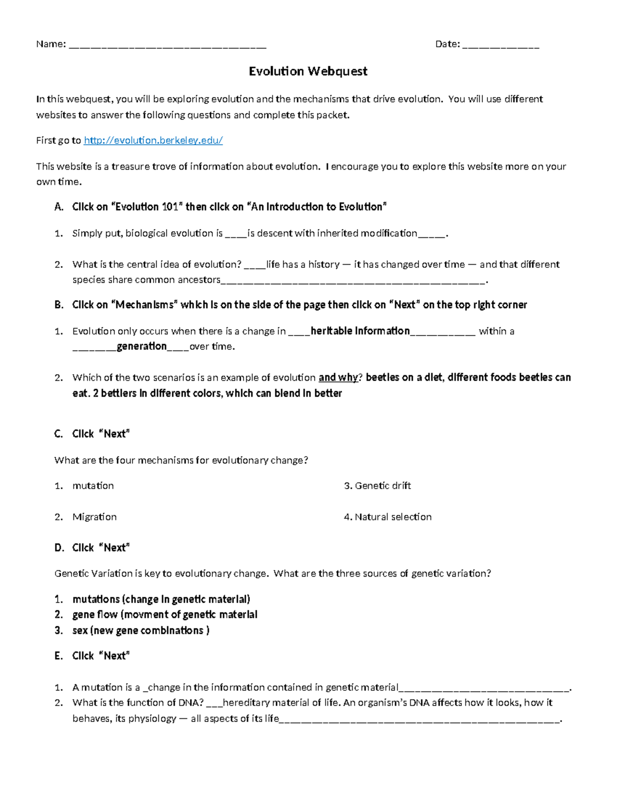 Evolution Webquest: Exploring Mechanisms of Evolution and Cases - Studocu