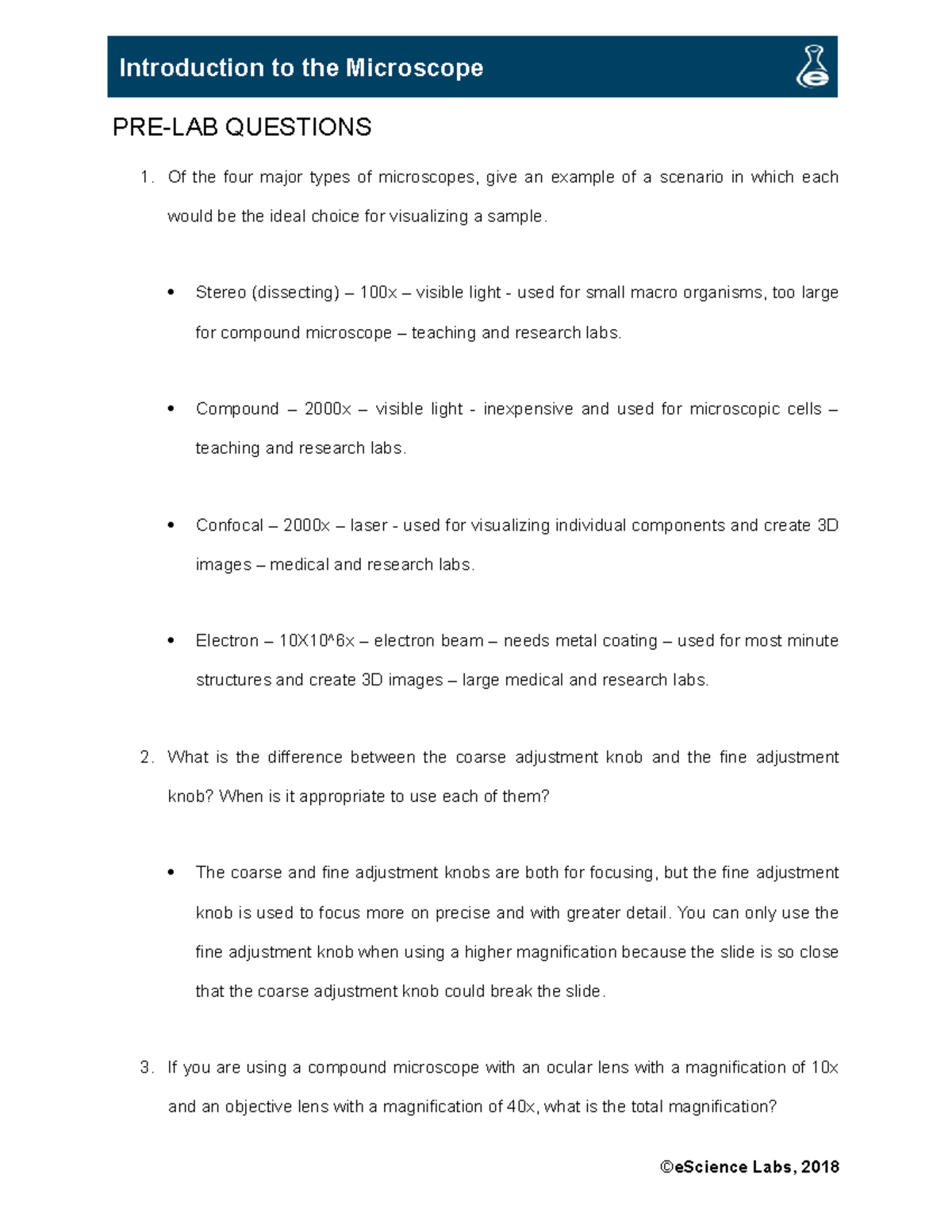 Microscope Questions - Lab 3 - PRE-LAB QUESTIONS Of the four major ...