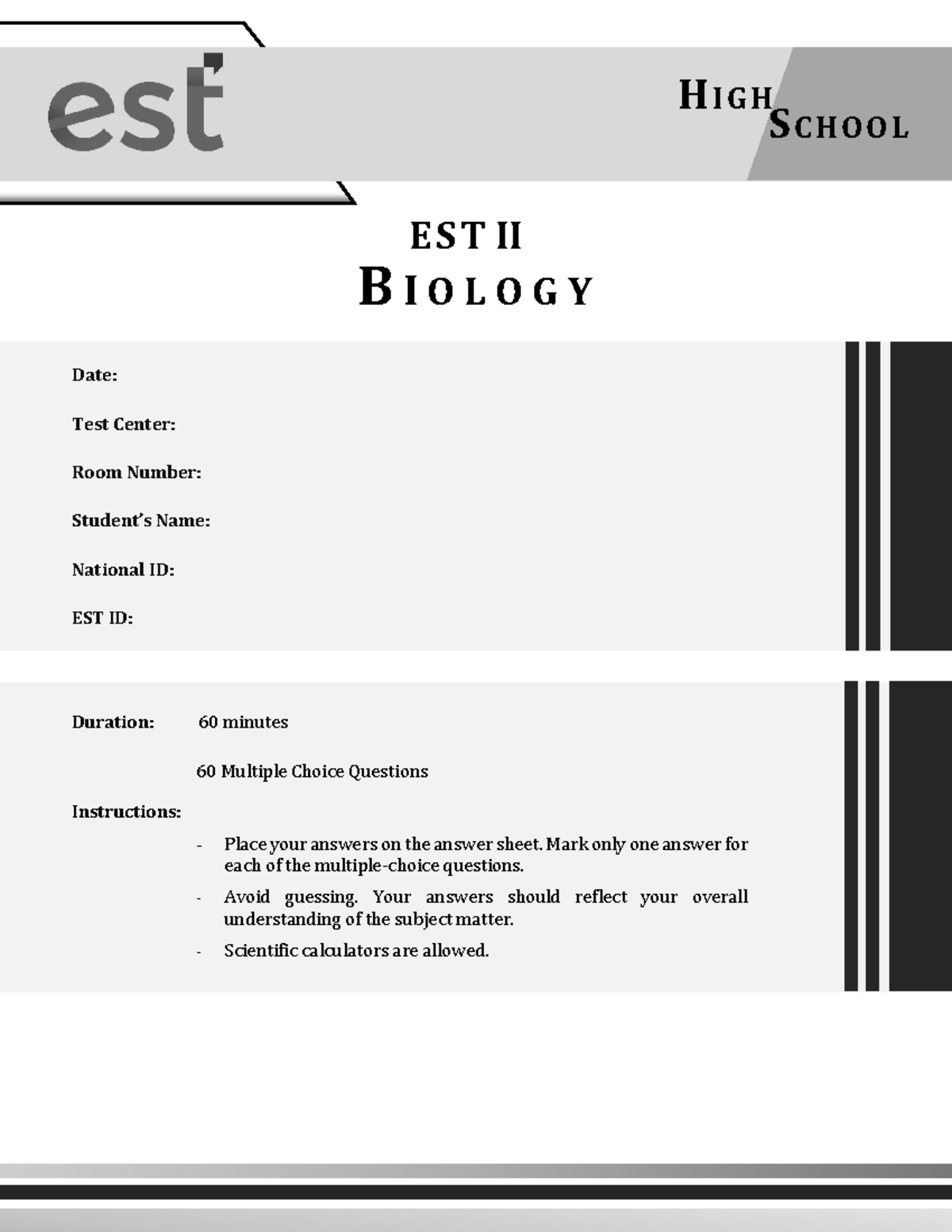 EST 2 HS Biology Sample Test - Multiple Choice Questions - Studocu