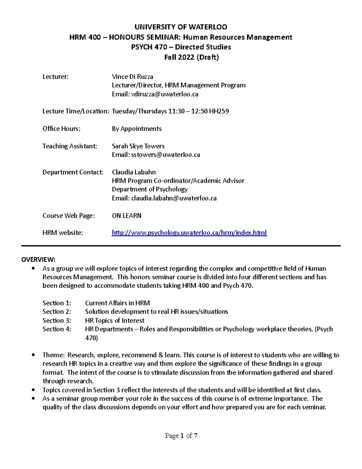 Fall 2022 HRM 400 / PSYCH 470 Seminar Overview and Schedule - Studocu