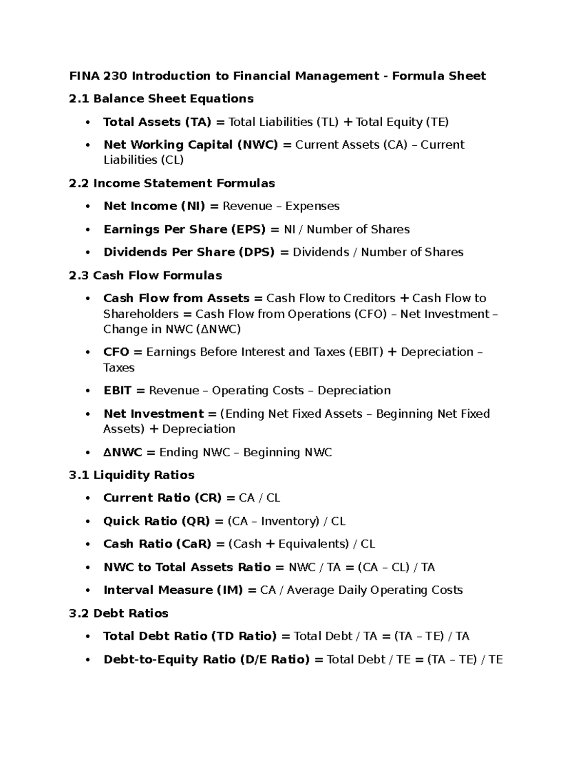 FINA 230 Financial Management Key Formulas and Concepts Guide - Studocu