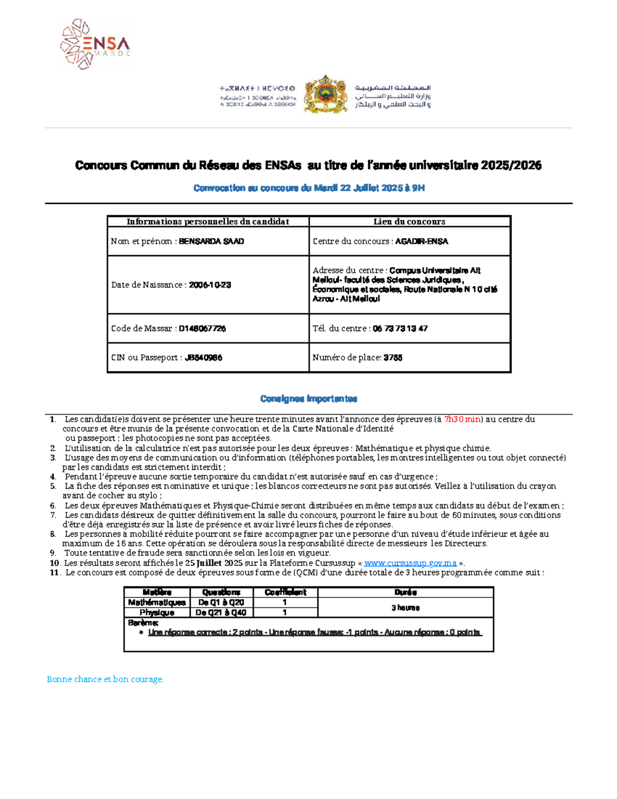Convocation au Concours Commun ENSA - 22 Juillet 2025 - Studocu