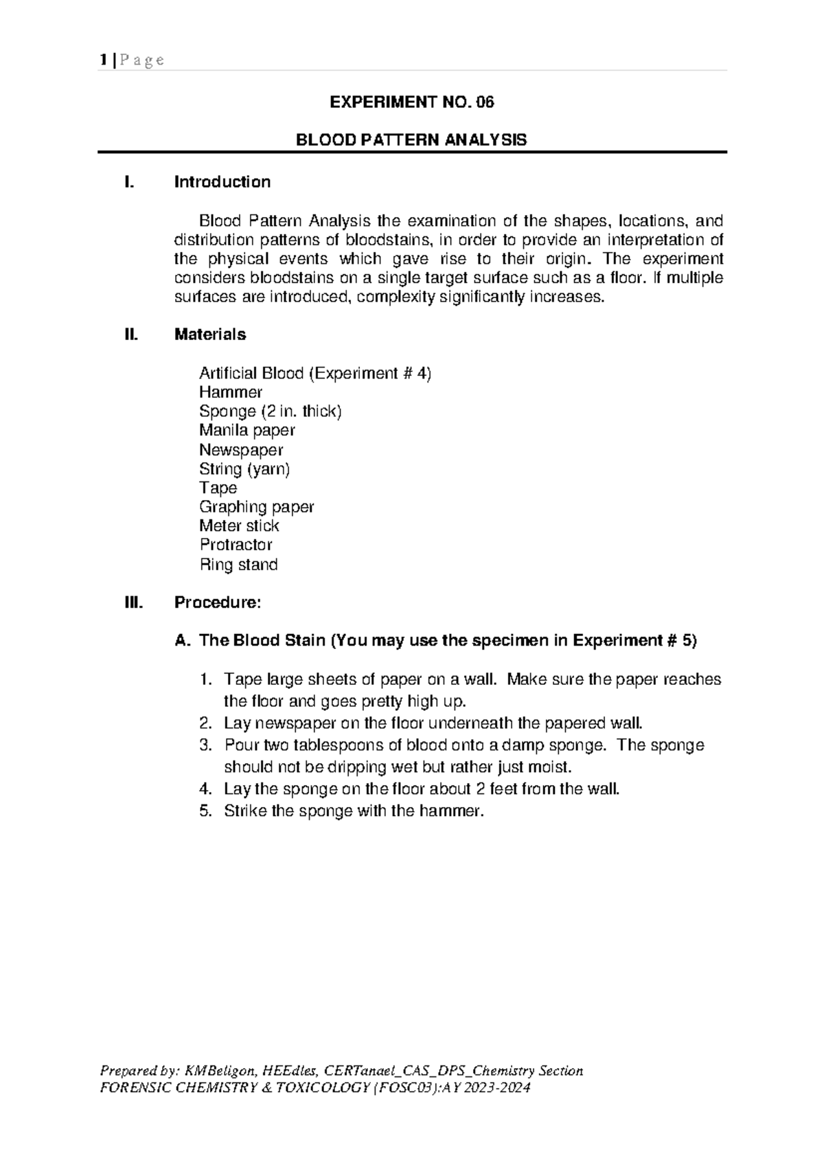 FSC3 EXP. Blood Pattern Analysis - Prepared by: KMBeligon, HEEdles ...