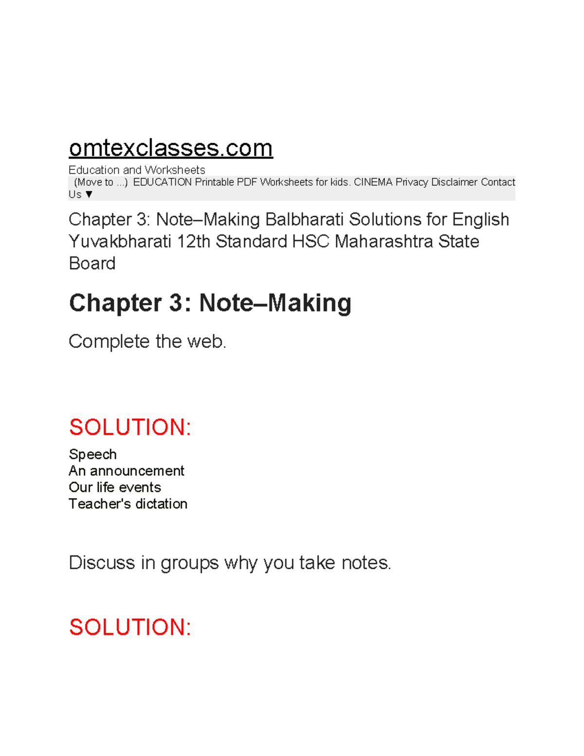 HSC English Note-Making Solutions - Chapter 3: Yuvakbharati Guide - Studocu